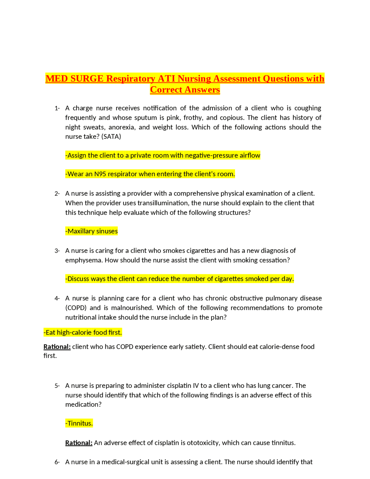 MED SURGE Respiratory ATI Nursing Assessment Questions with Correct ...