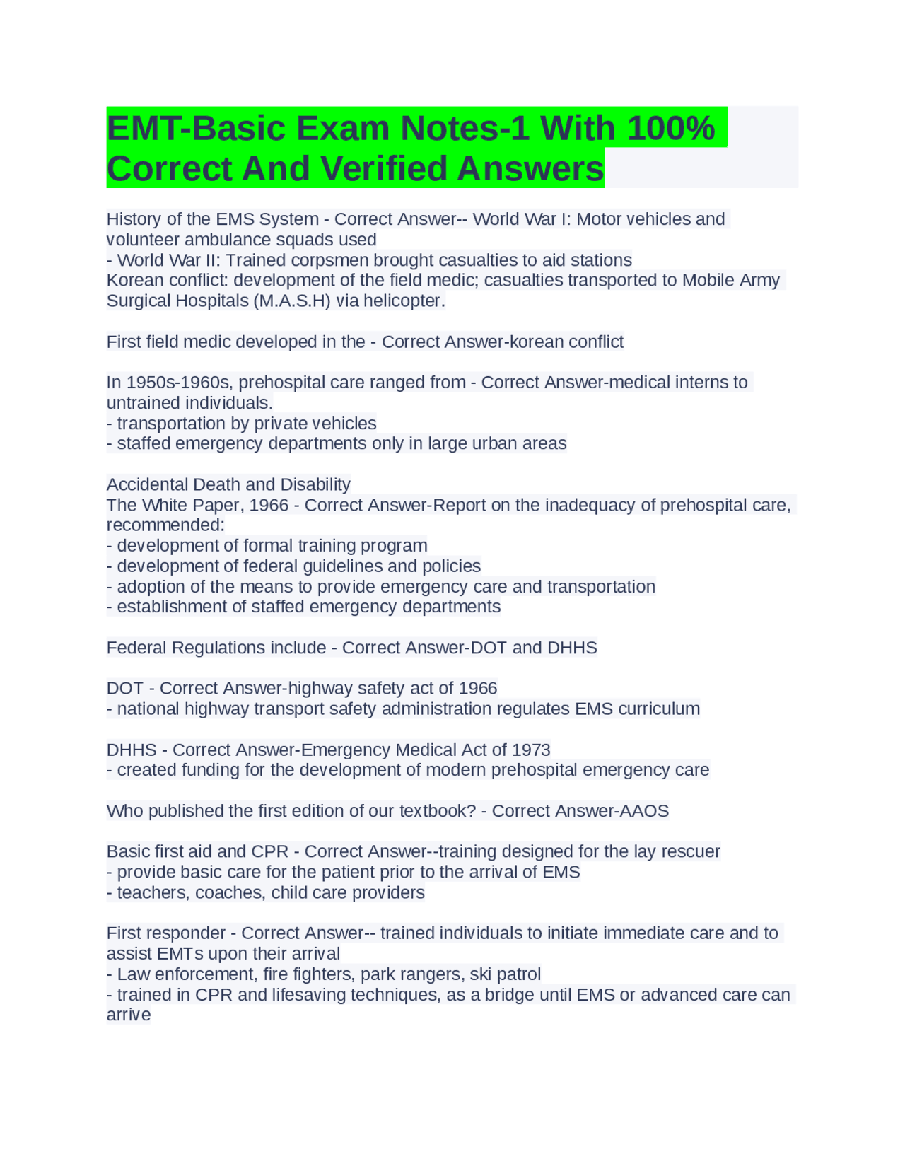 EMT-Basic Exam Notes-1 With 100% Correct And Verified Answers | Exams ...