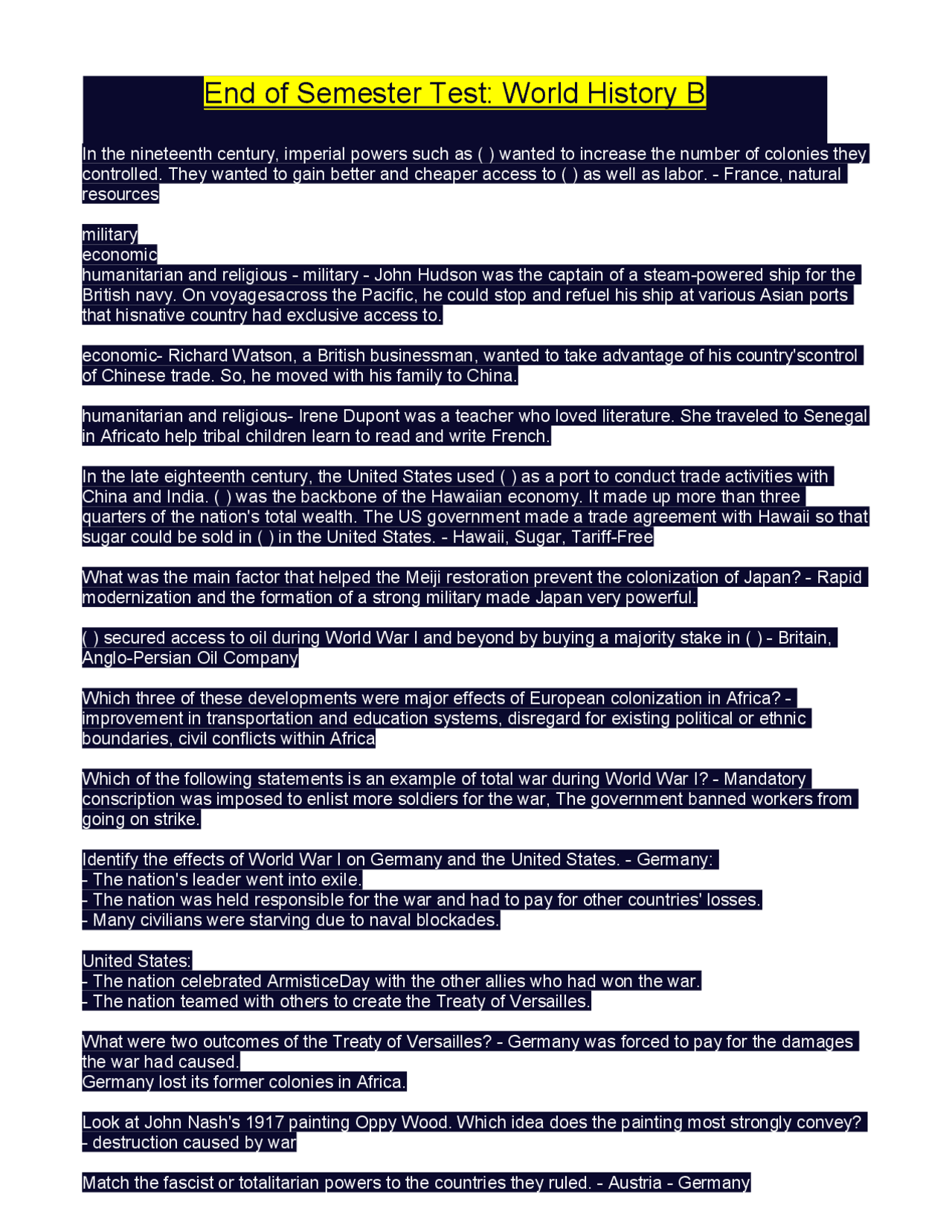 End of Semester Test- World History B | Exercises Advanced Education ...