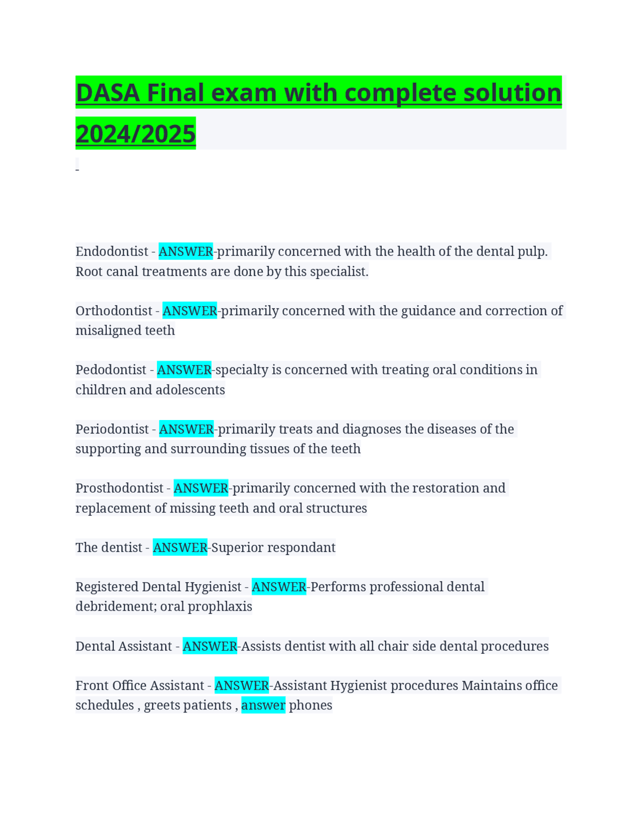 DASA Final exam with complete solution 2024_2025 | Exams Educational Psychology | Docsity