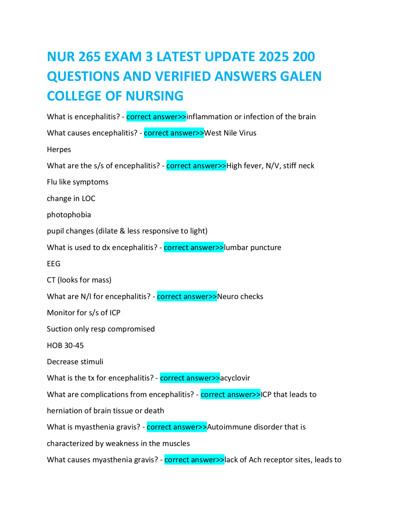 NUR 265 EXAM 3 LATEST UPDATE 2025 200 QUESTIONS AND VERIFIED ANSWERS ...