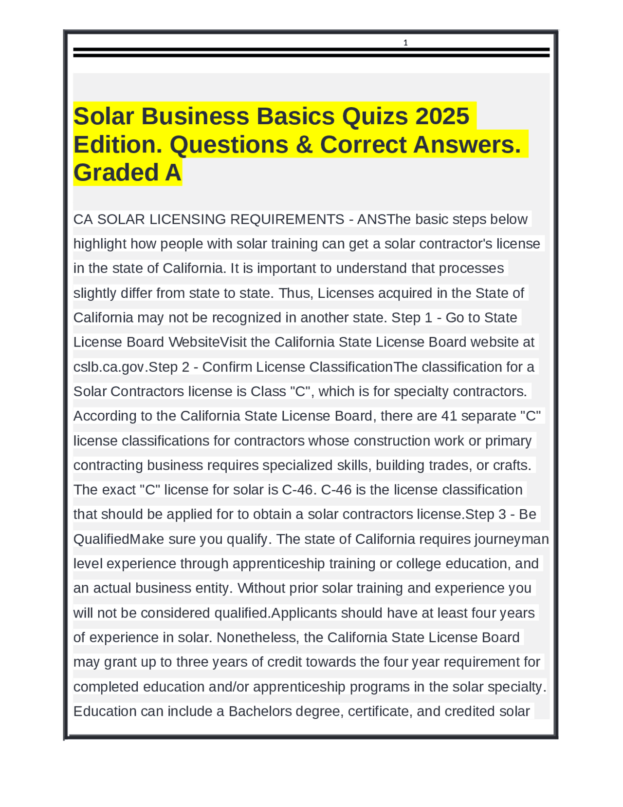 Solar Business Basics Quizs 2025 Edition. Questions & Correct Answers ...