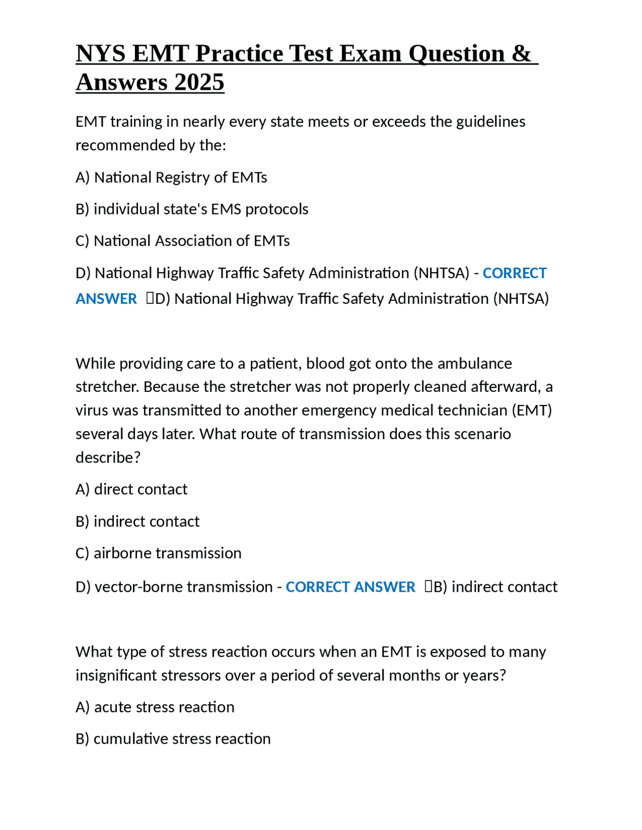 NYS EMT Practice Test Exam Question & Answers 2025 | Exams Nursing ...