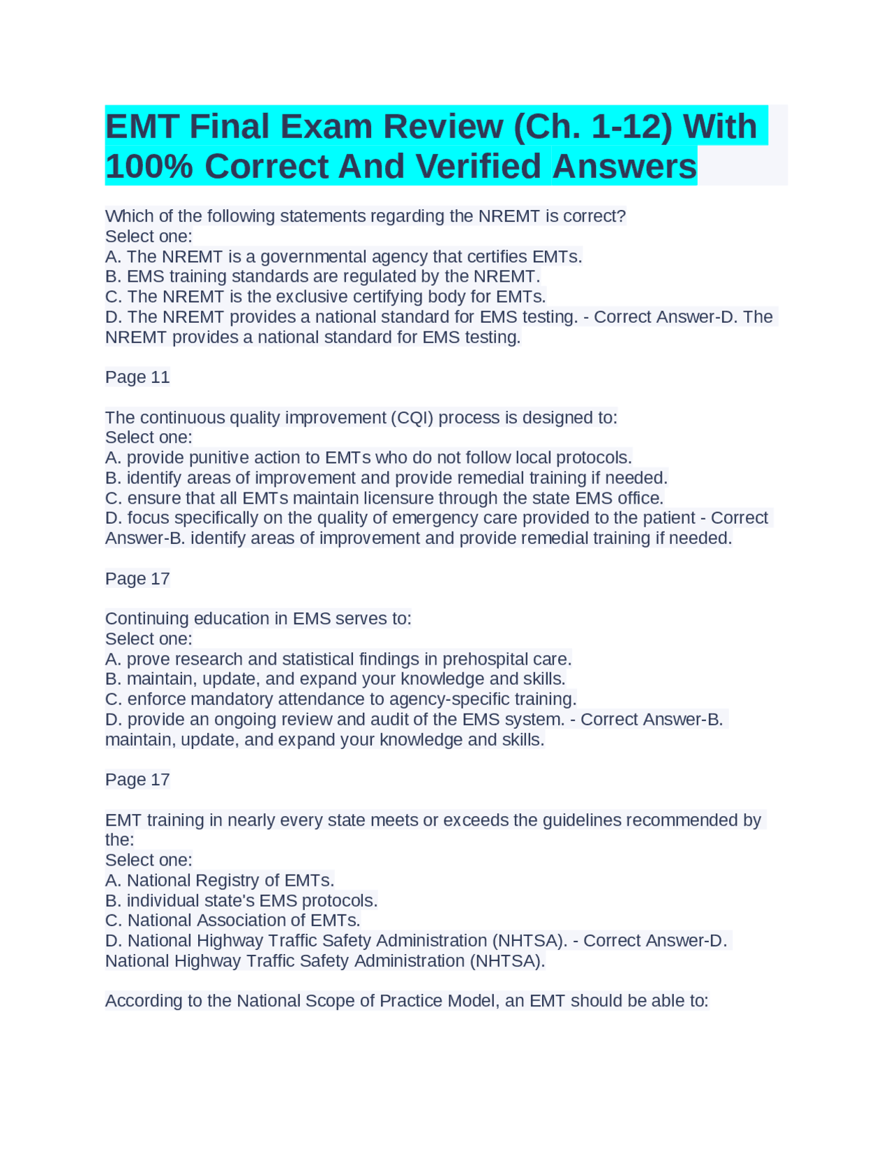 EMT Final Exam Review (Ch. 1-12) With 100% Correct And Verified Answers ...