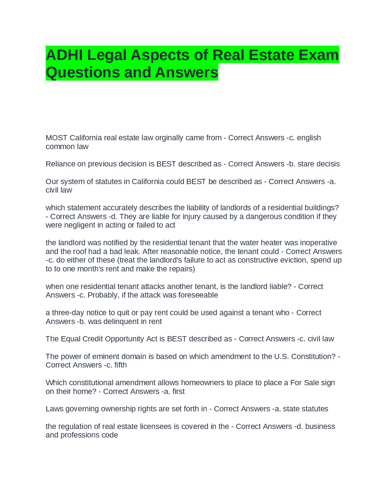 Legal Aspects of Real Estate Exam: Questions and Answers | Exams Real ...