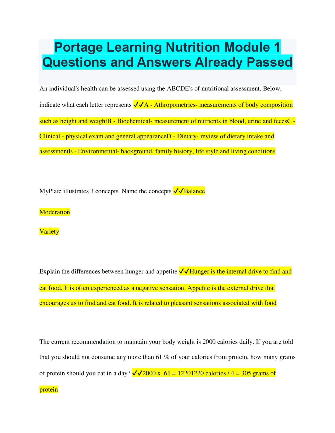 Nutrition Module 1: Questions and Answers - Portage Learning | Exams ...