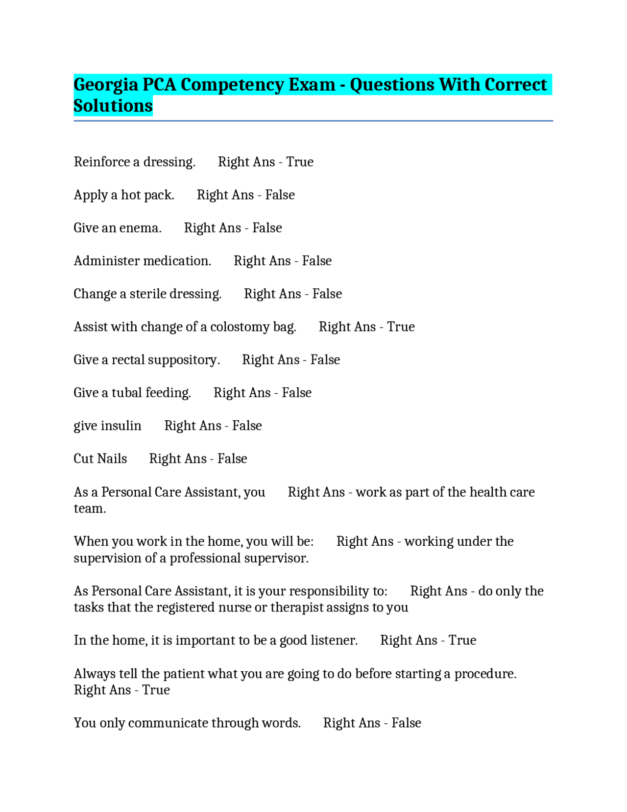 Georgia PCA Competency Exam - Questions With Correct Solutions | Exams ...
