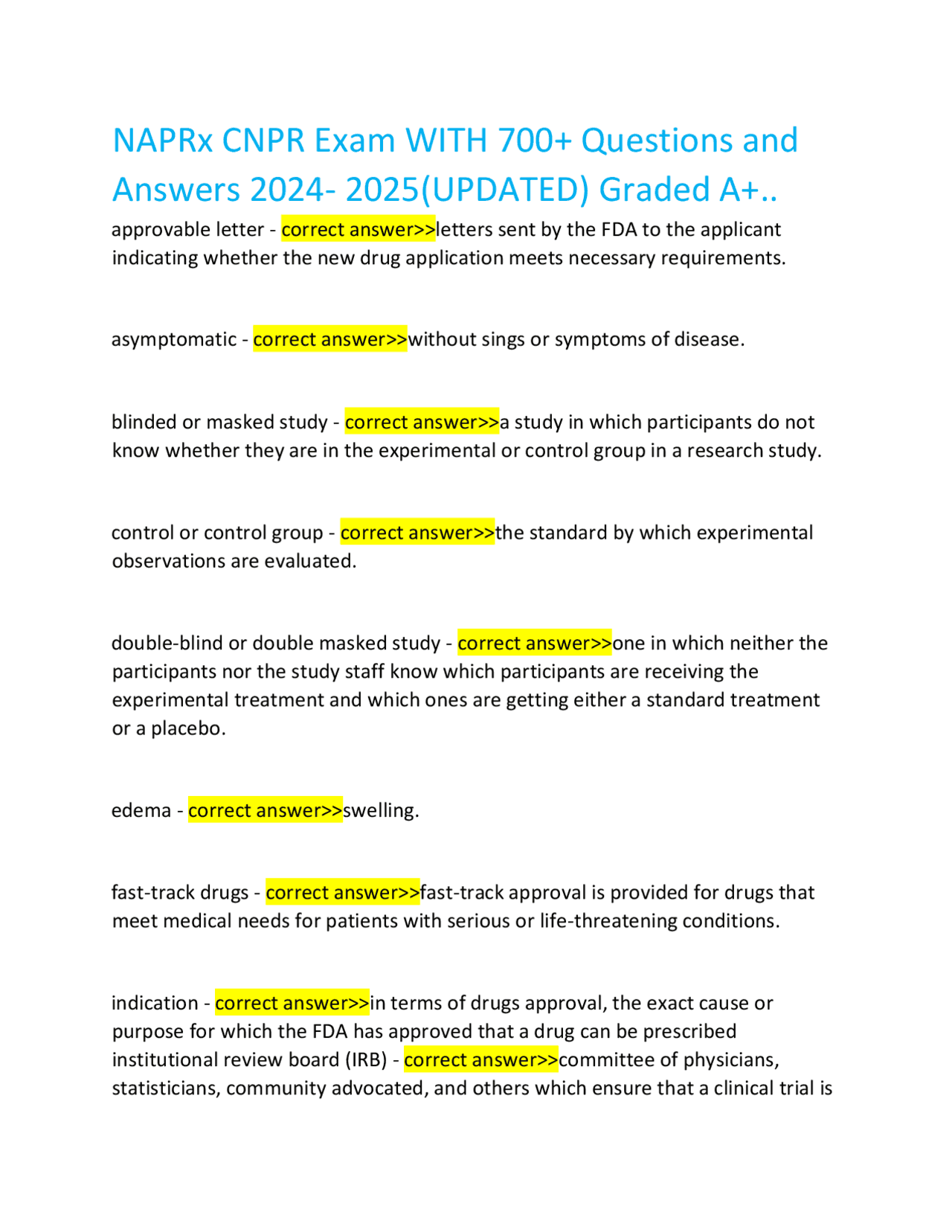 NAPRx CNPR Exam WITH 700+ Questions and Answers 2024- 2025(UPDATED ...