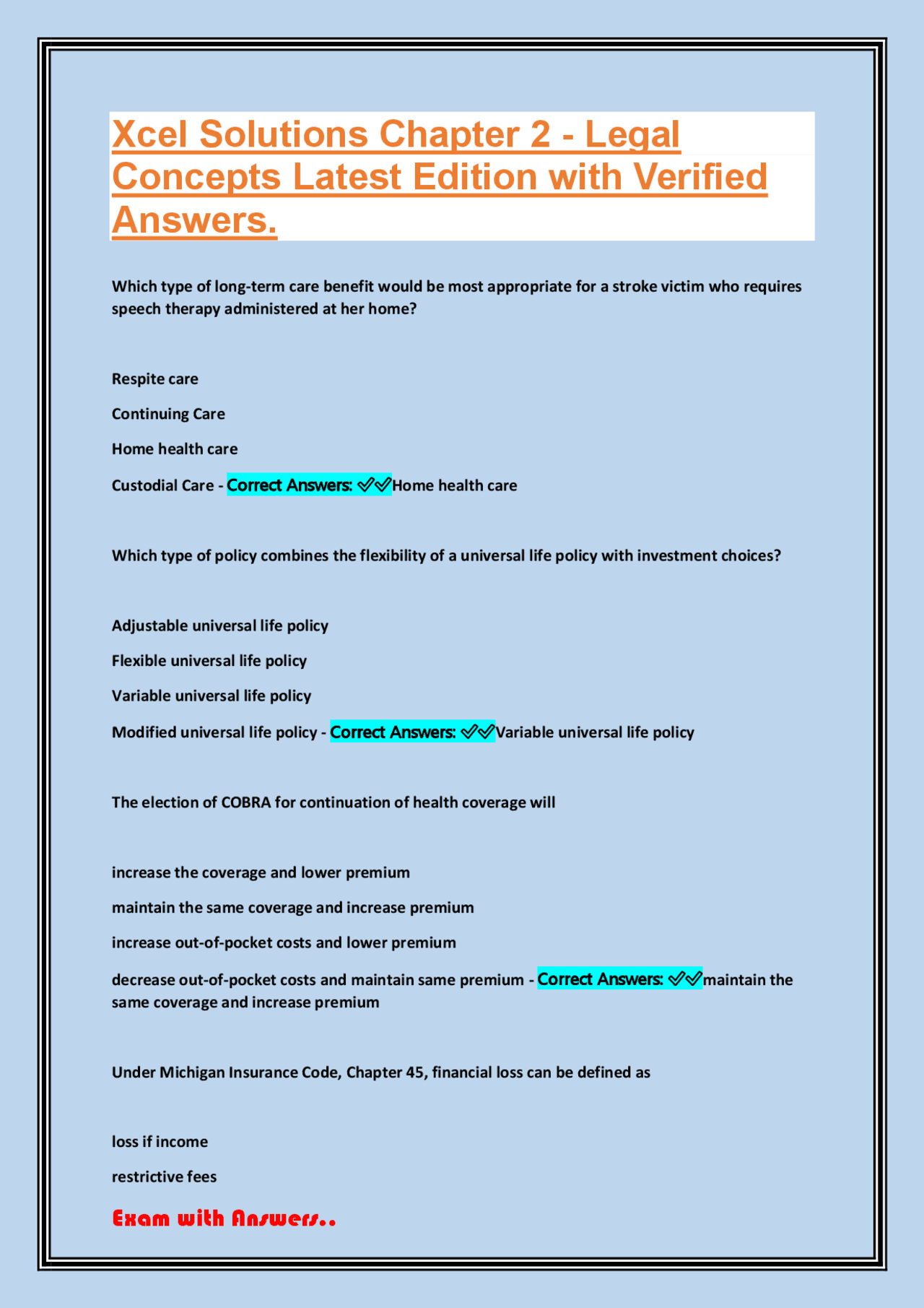Xcel Solutions Chapter 2 - Legal Concepts Latest Edition with Verified ...