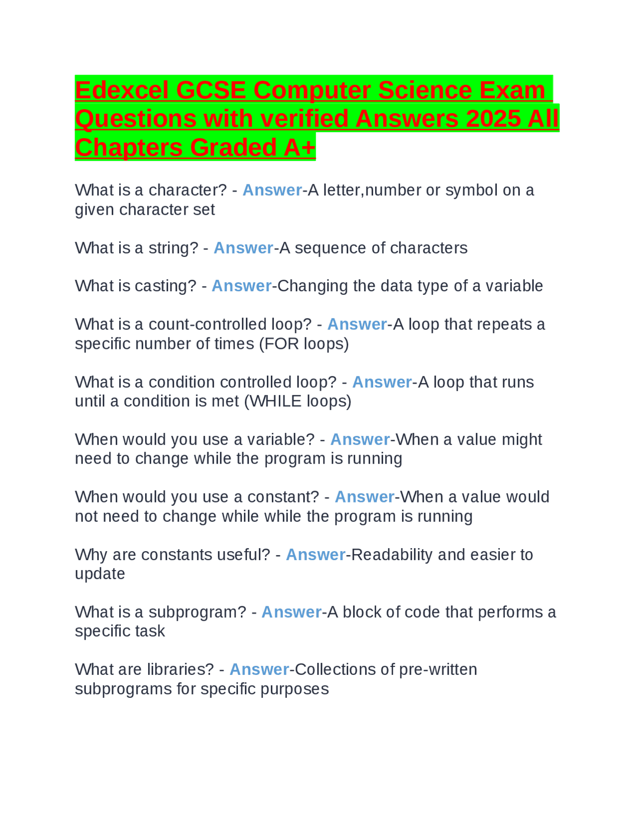 Edexcel GCSE Computer Science Exam Questions with verified Answers 2025 All Chapters Grade ...