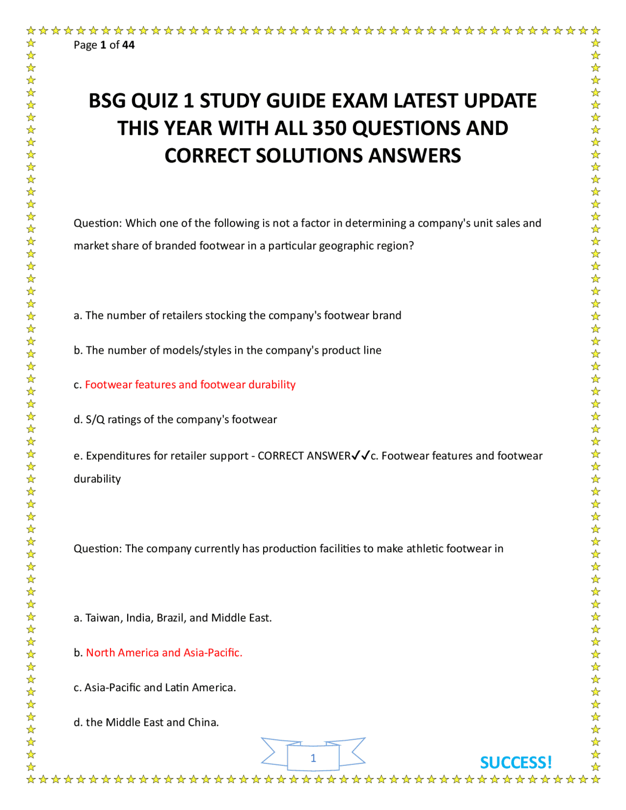 BSG QUIZ 1 STUDY GUIDE EXAM LATEST UPDATE THIS YEAR WITH ALL 350 ...