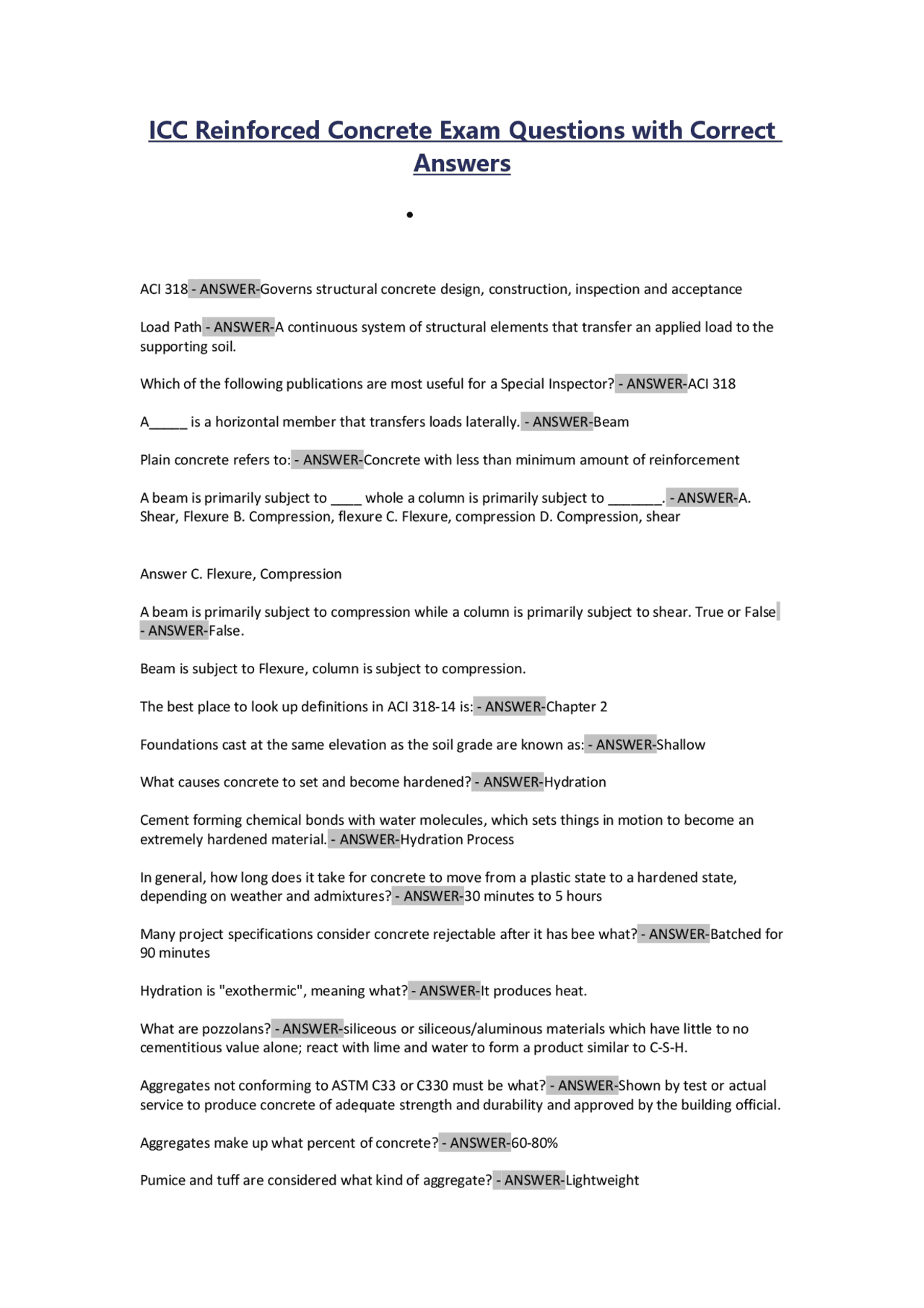 ICC Reinforced Concrete Exam Questions with Correct Answers | Exams ...