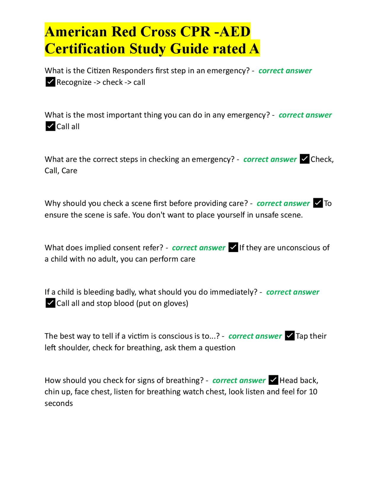 American Red Cross CPR -AED Certification Study Guide rated A. | Exams ...