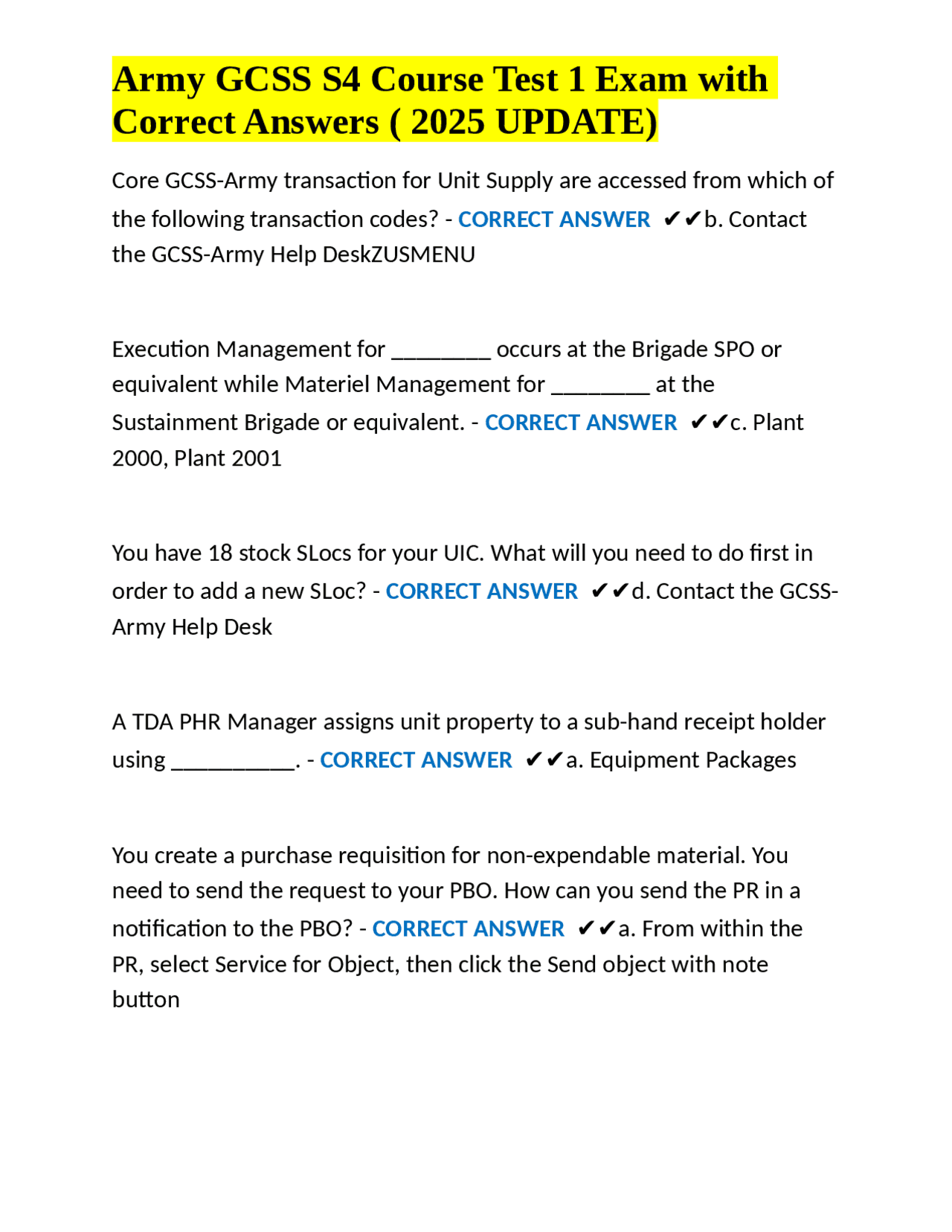 Army GCSS S4 Course Test 1 Exam with Correct Answers (2025 UPDATE ...