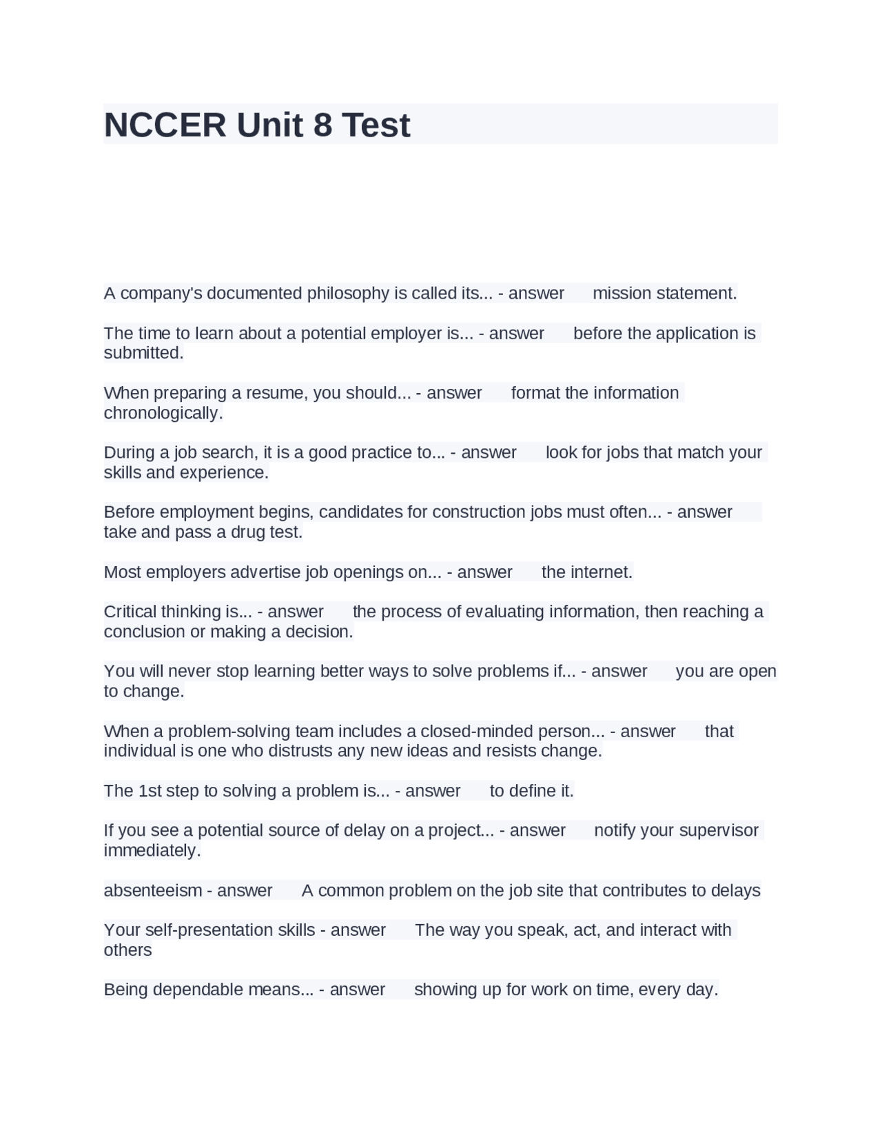 NCCER Unit 8 Test Questions with Correct Answers | Exams Advanced ...