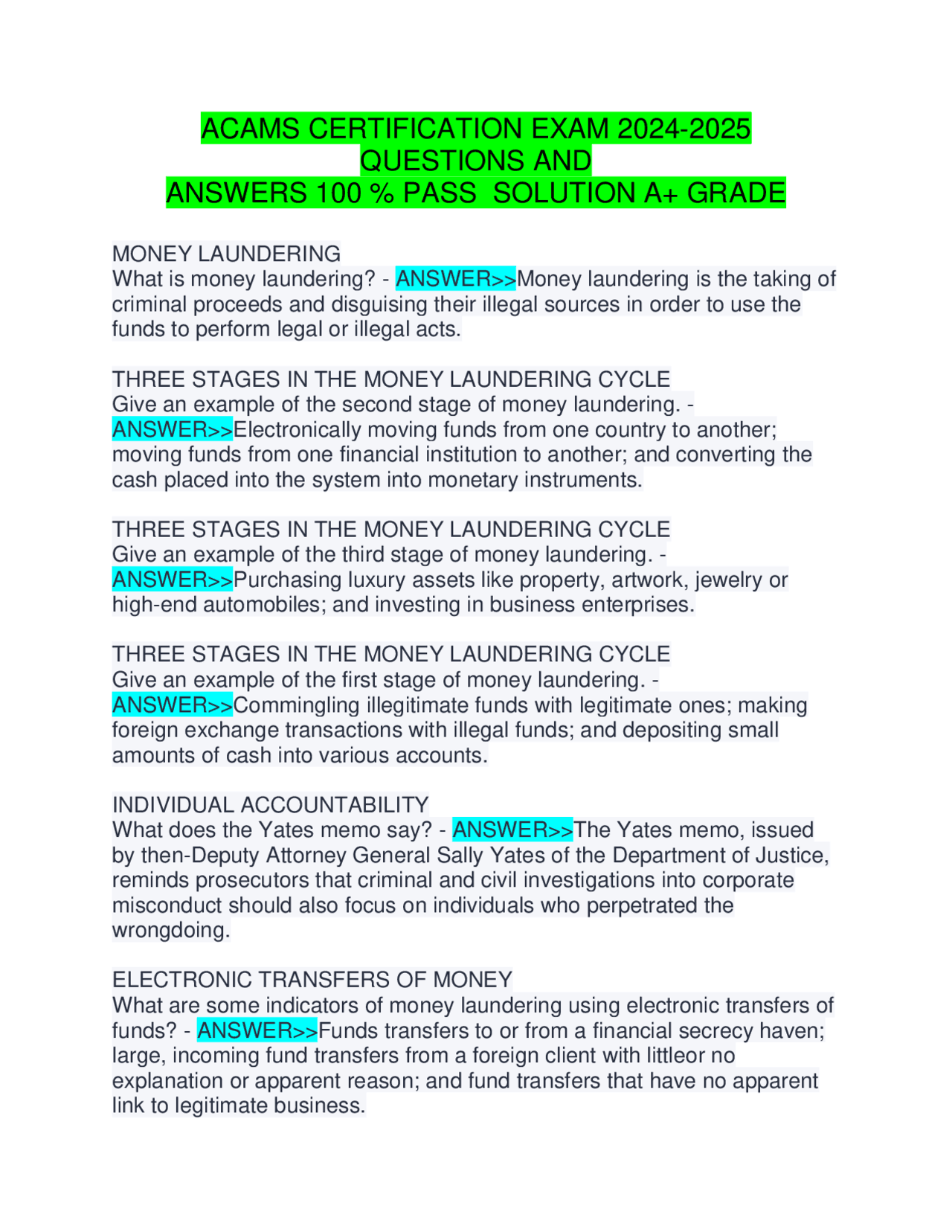 ACAMS CERTIFICATION EXAM 2024-2025 QUESTIONS AND ANSWERS 100 % PASS ...