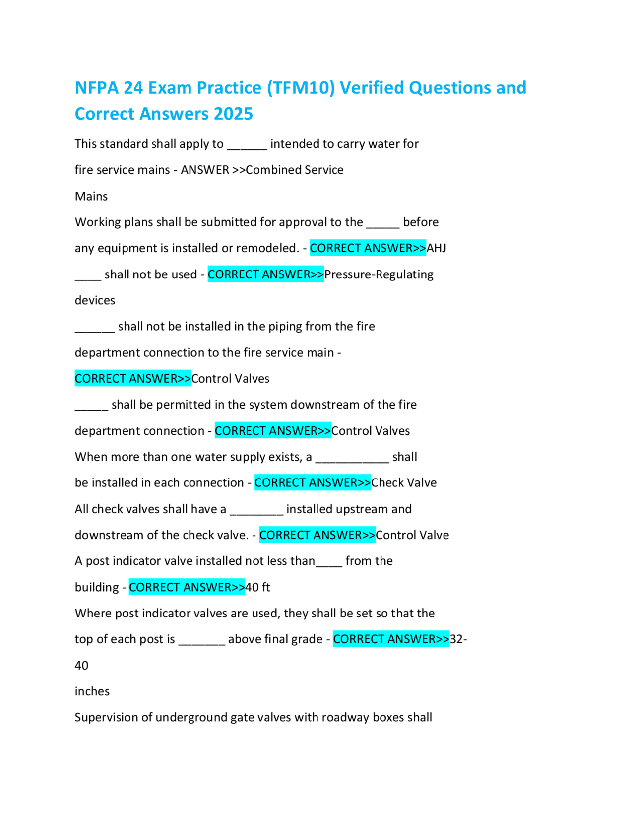 NFPA 24 Exam Practice (TFM10) Verified Questions and Correct Answers 2025 EXAM | Exams Safety ...