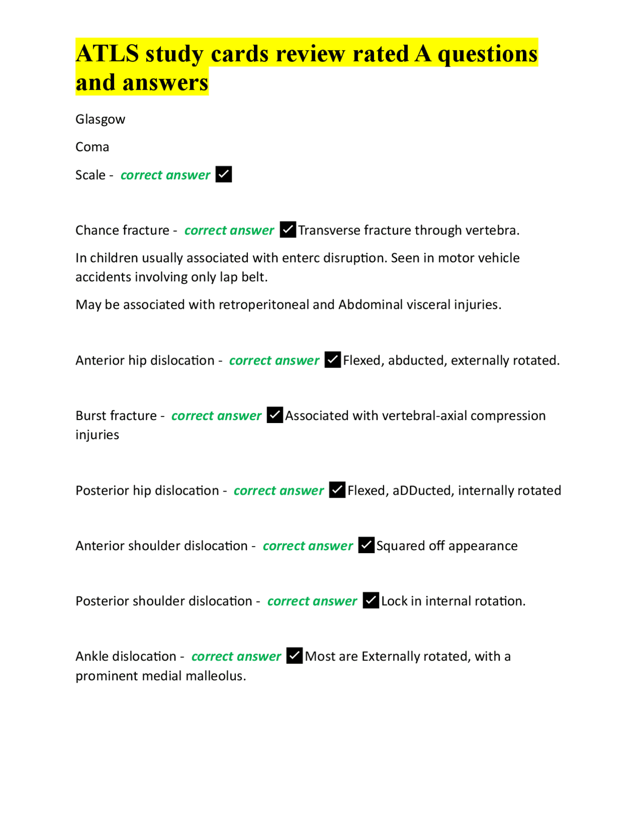 ATLS Study Cards Review: Rated A Questions and Answers | Exams Nursing ...