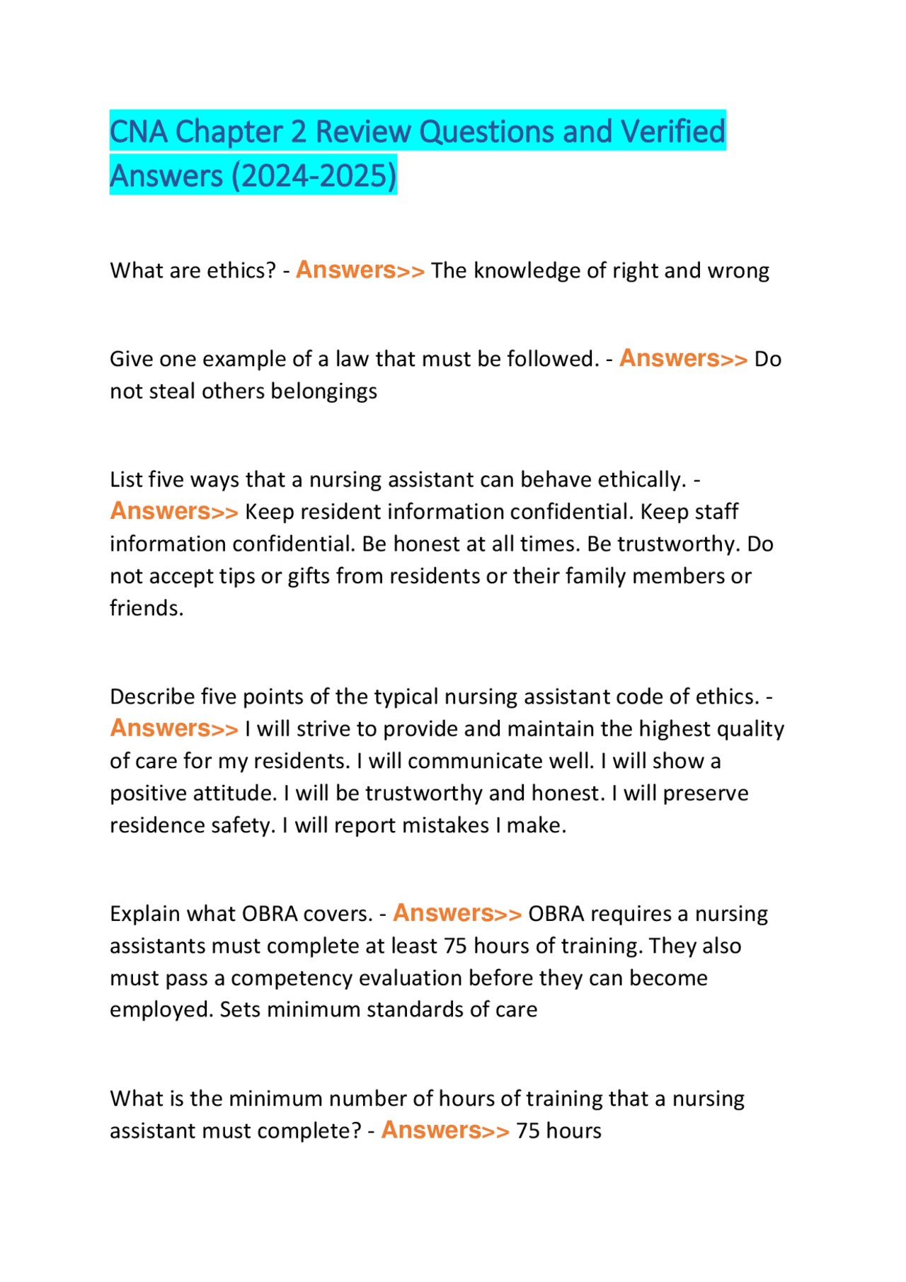 CNA Chapter 2 Review Questions and Verified Answers (2024-2025) | Exams Nursing | Docsity