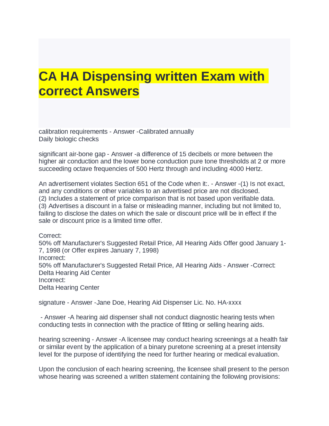 CA HA Dispensing written Exam with correct Answers | Graded A | Exams ...