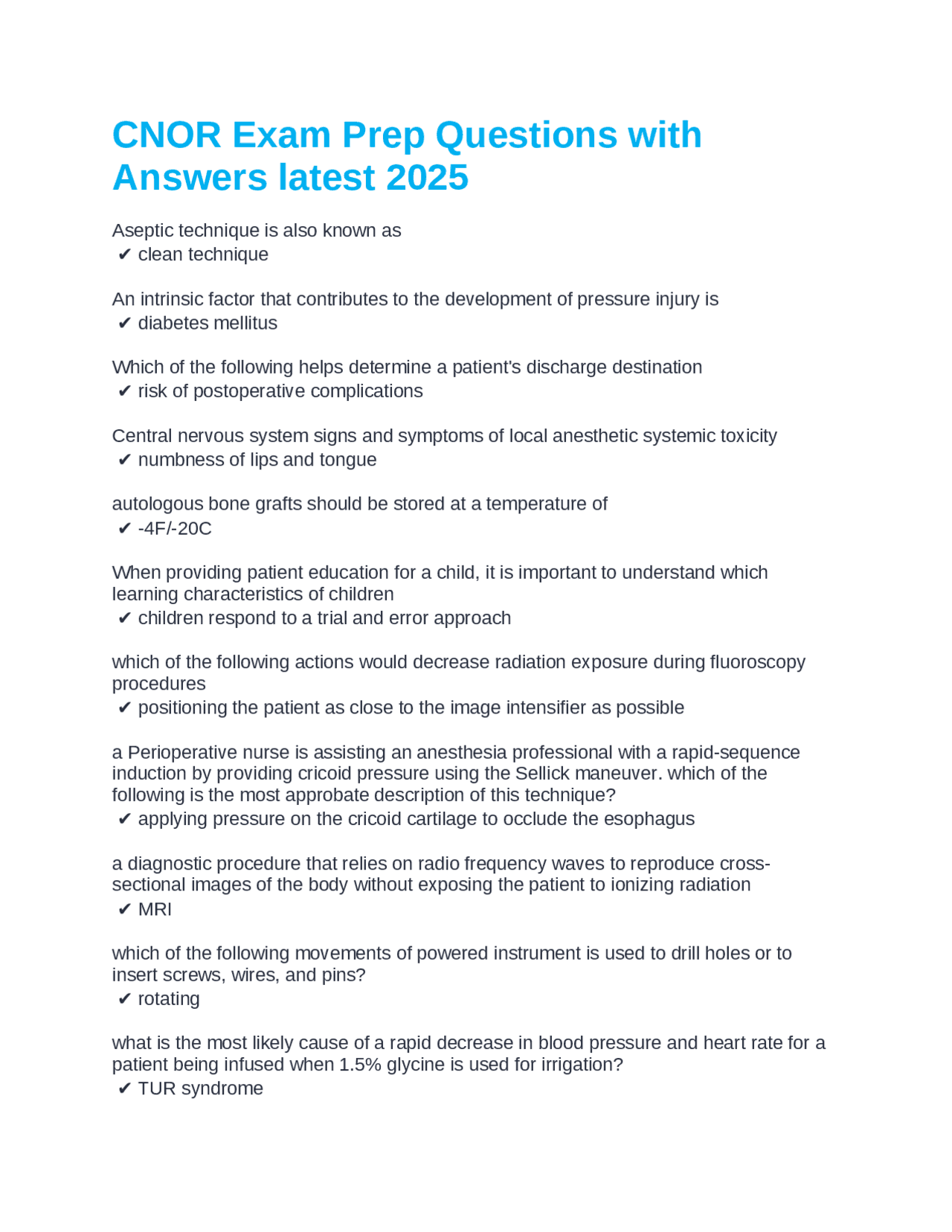 CNOR Exam Prep Questions and Answers: Latest 2025 Edition | Exams ...