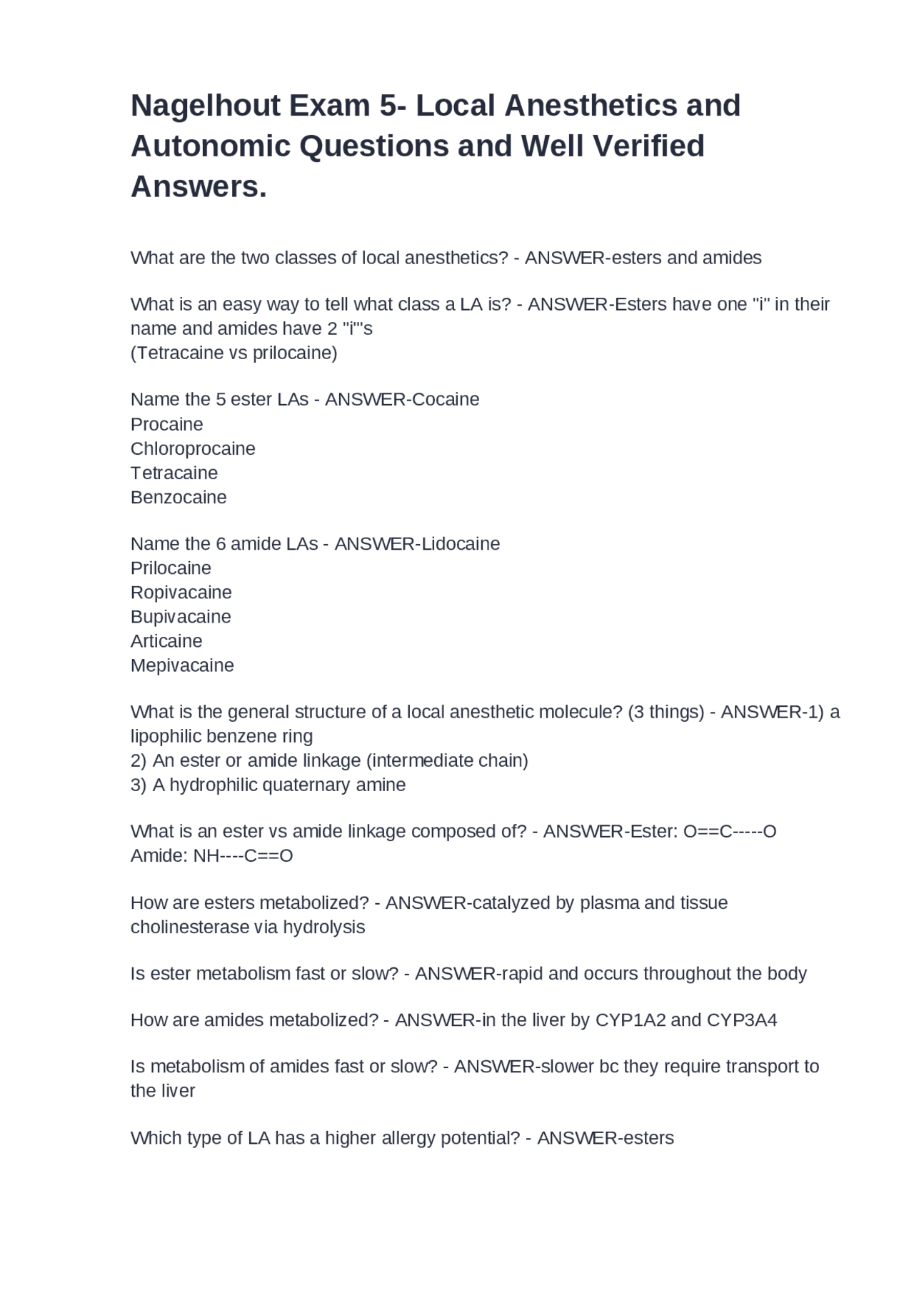 Nagelhout Exam 5- Local Anesthetics and Autonomic Questions and Well ...