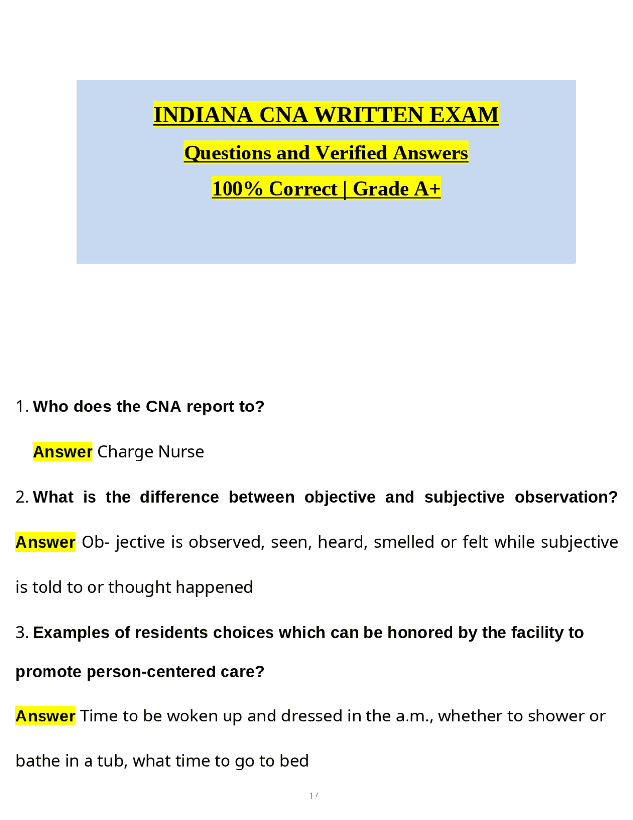 INDIANA CNA WRITTEN EXAM (Latest 2025 / 2026 Update) Questions and ...