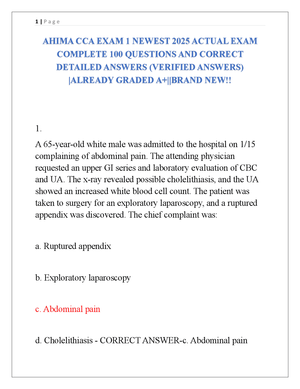 AHIMA CCA Exam 1: Practice Questions and Answers | Exams Nursing | Docsity