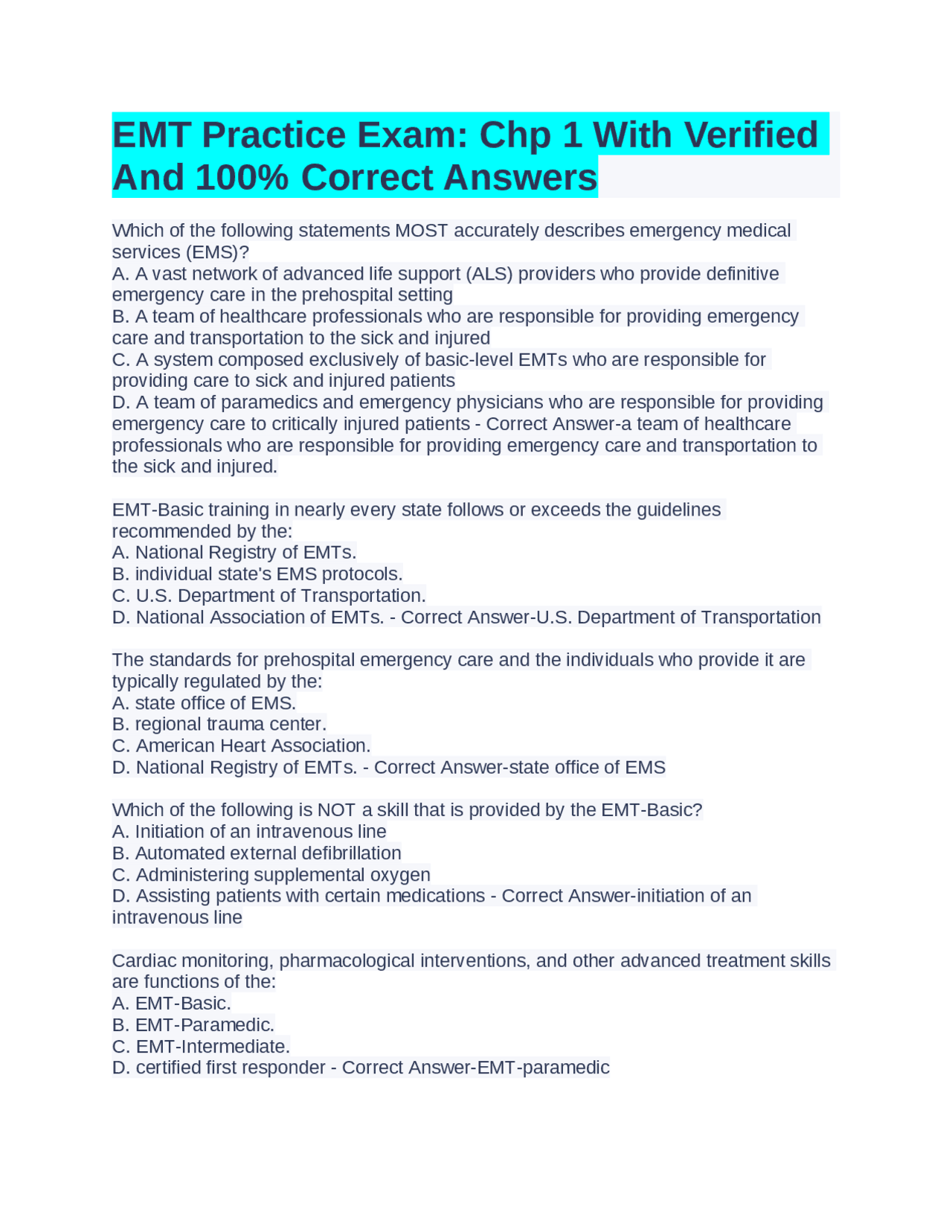 EMT Practice Exam: Chp 1 With Verified And 100% Correct Answers | Exams ...