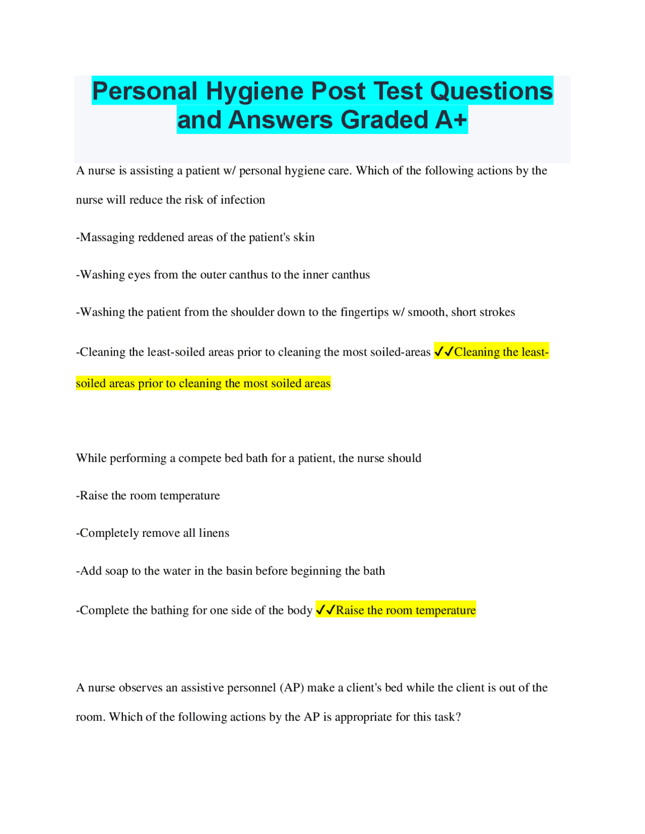Personal Hygiene Post Test Questions and Answers | Exams Nursing | Docsity