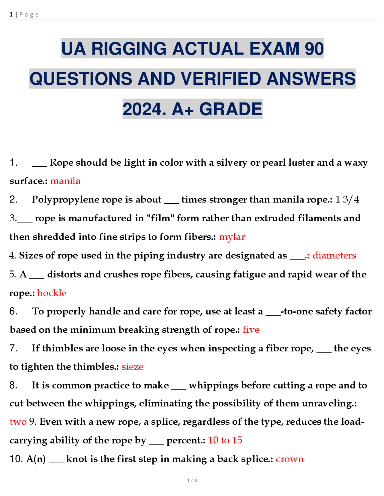 UA RIGGING ACTUAL EXAM 90 QUESTIONS AND VERIFIED ANSWERS 2024. A+ GRADE ...