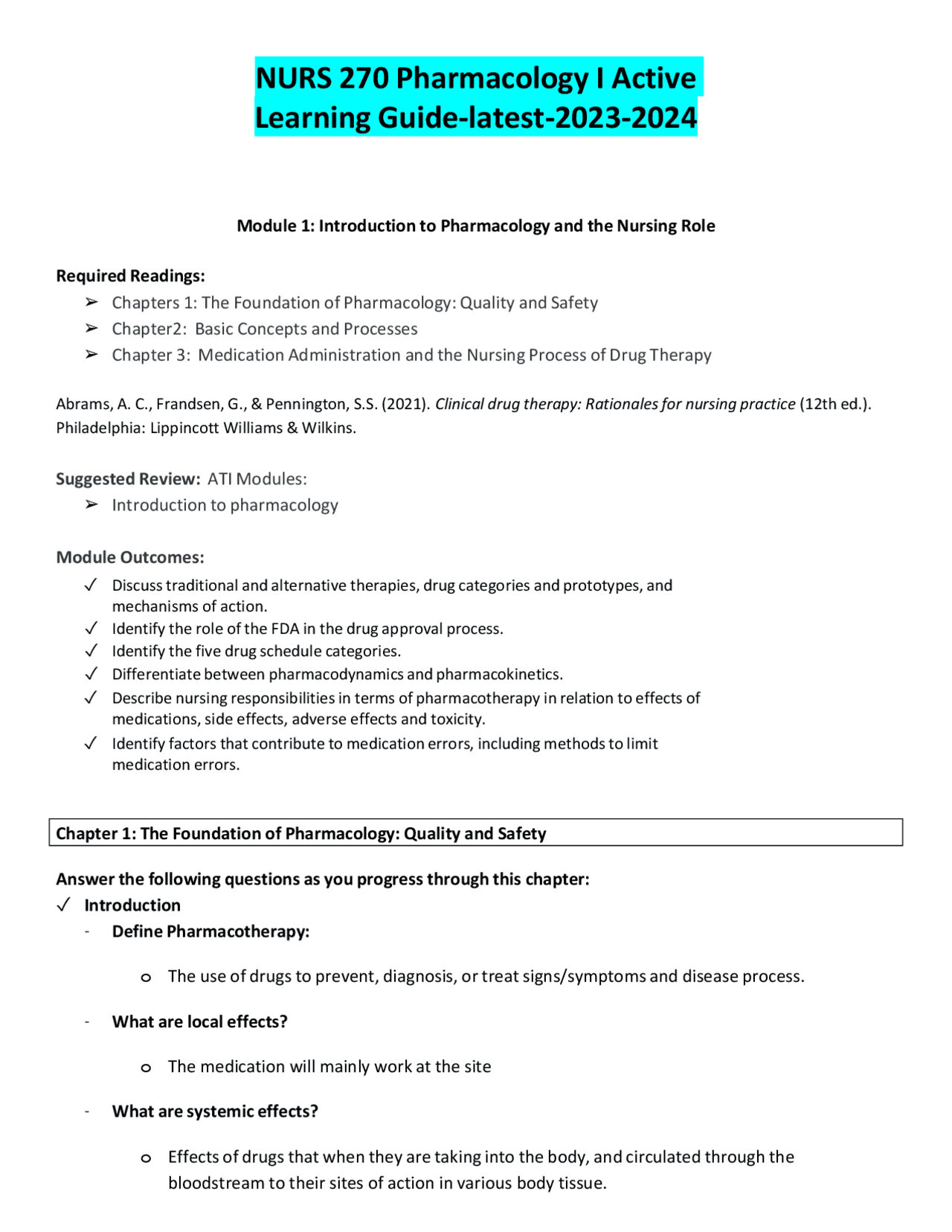NURS 270 Pharmacology I Active Learning Guide-latest-2023-2024 Module 1 ...