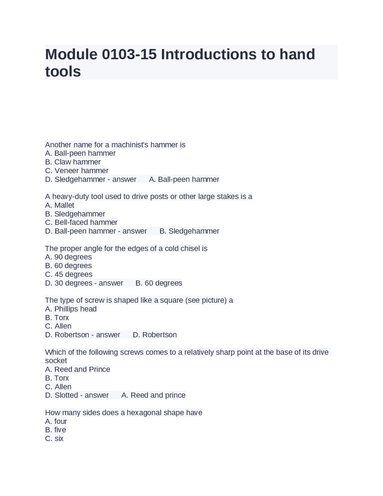 Module 0103-15 Introductions to hand tools questions and answers 100% ...