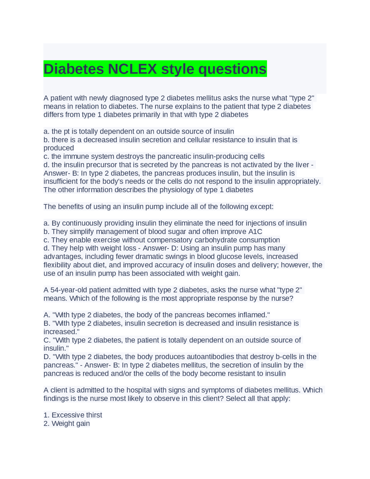 Diabetes NCLEX style questions and answers | verified | latest updated ...