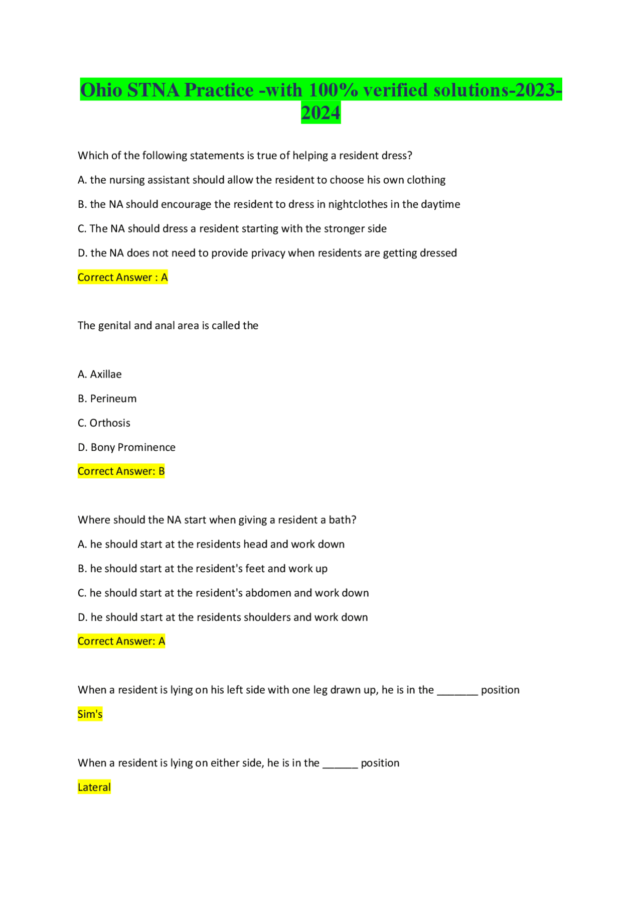 Ohio STNA Practice -with 100% verified solutions-2023 2024 Which of the ...