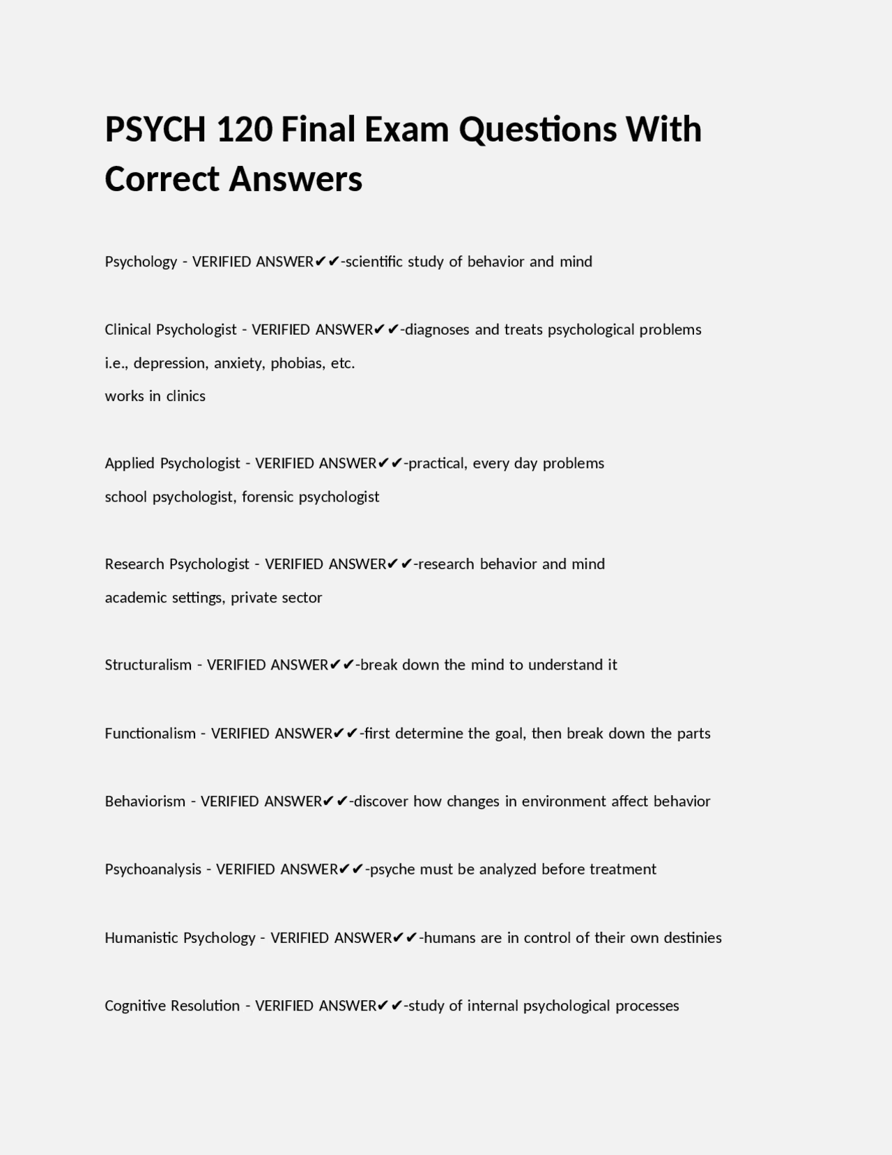PSYCH 120 Final Exam Questions With Correct Answers. | Exams Psychology ...