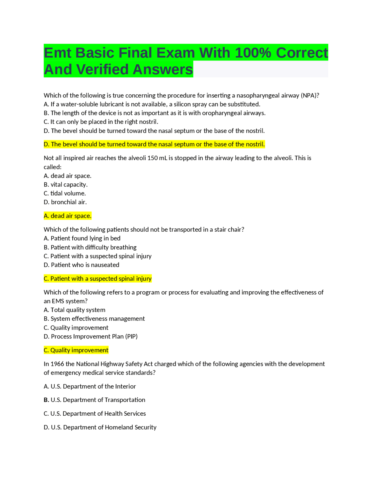 Emt Basic Final Exam With 100% Correct And Verified Answers | Exams ...