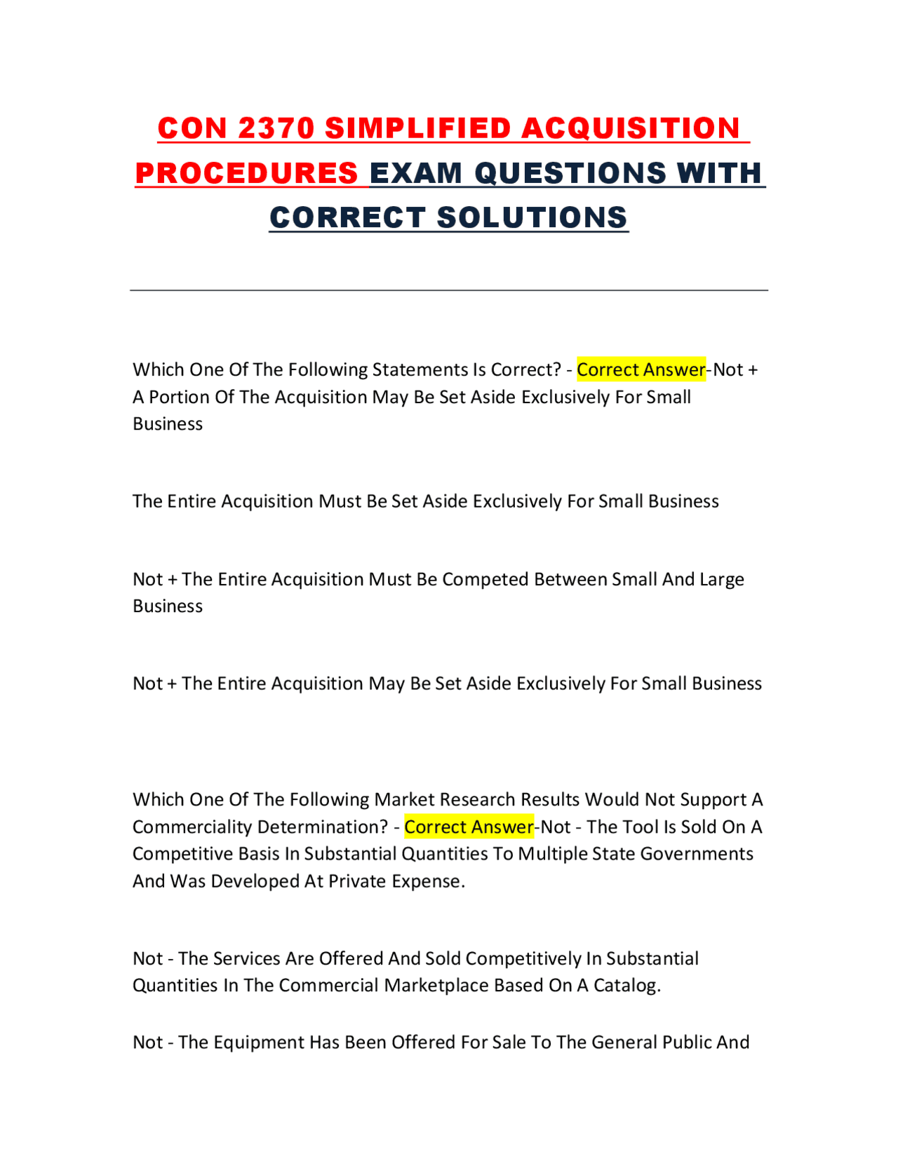 CON 2370 SIMPLIFIED ACQUISITION PROCEDURES EXAM QUESTIONS WITH CORRECT ...