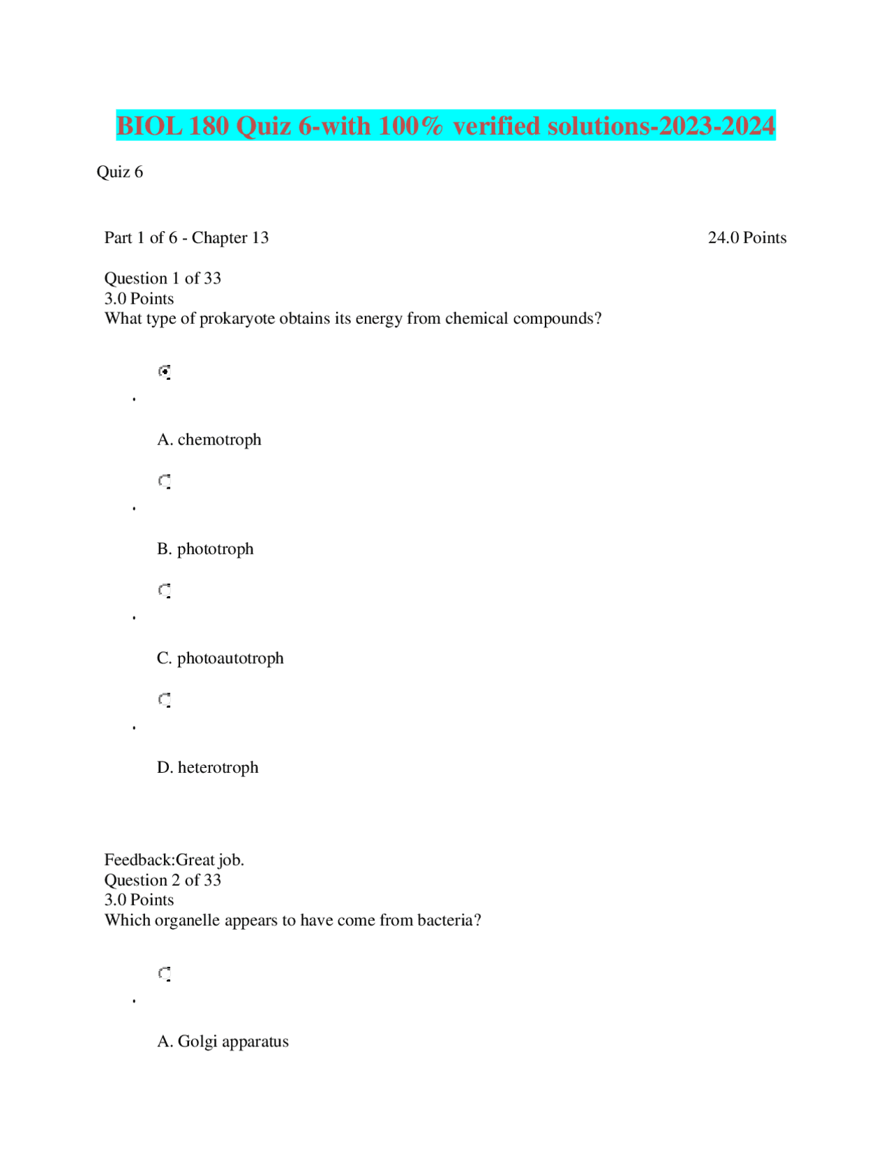 BIOL 180 Quiz 6-with 100% verified solutions-2023-2024 Quiz 6 Part 1 of 6 - Chapter 13 | Exams ...