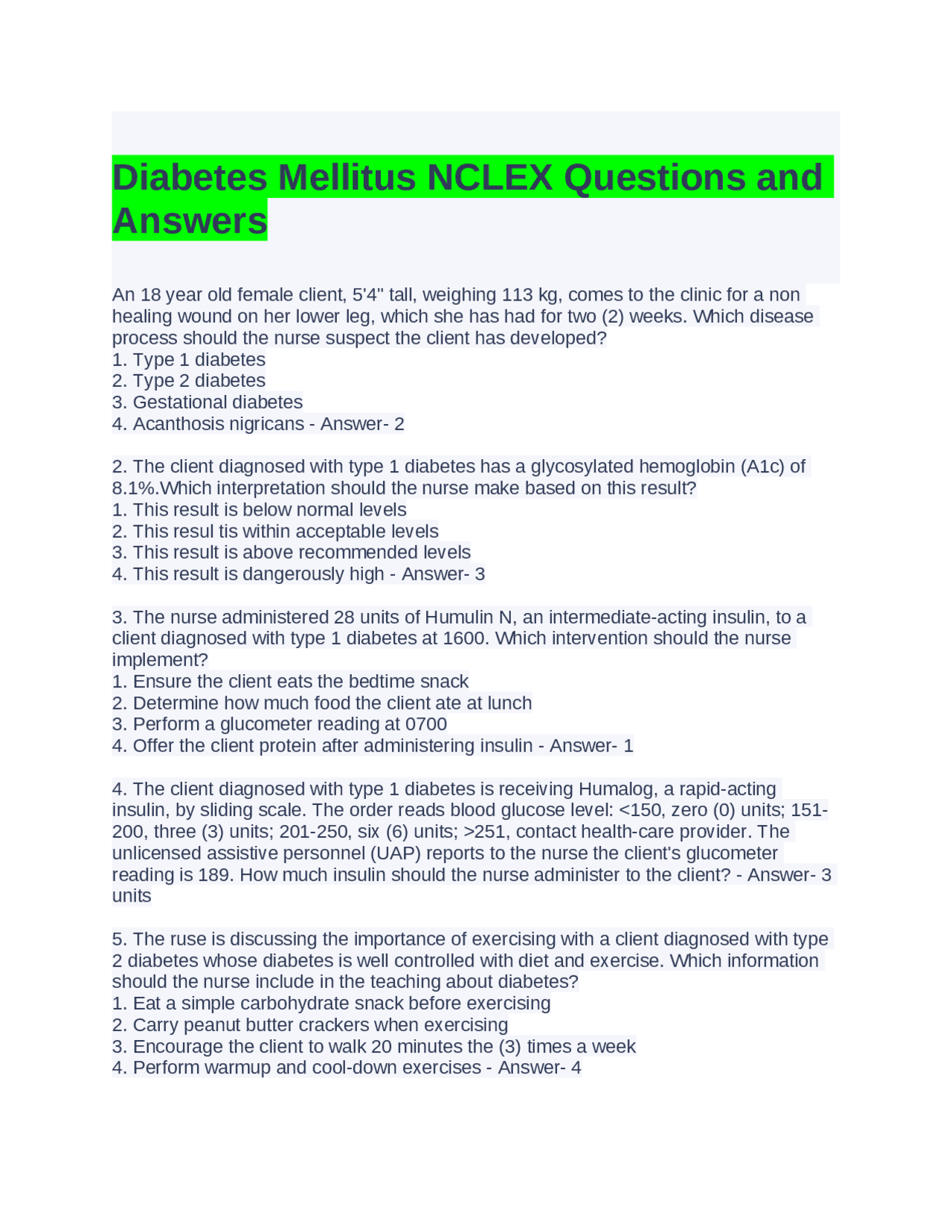Diabetes Mellitus NCLEX Questions and Answers with complete solutions ...