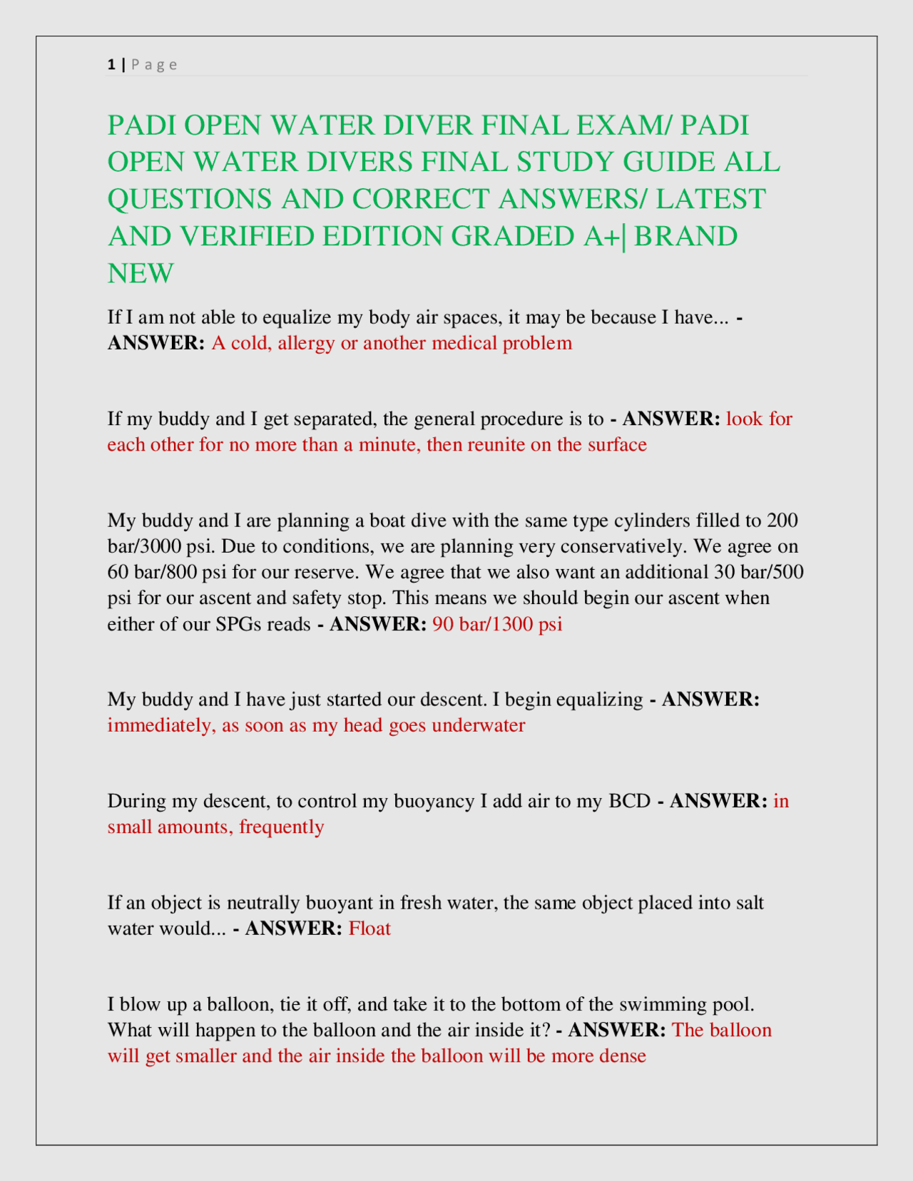 PADI Open Water Diver Final Exam Study Guide: Questions and Answers | Exams Earth Sciences | Docsity