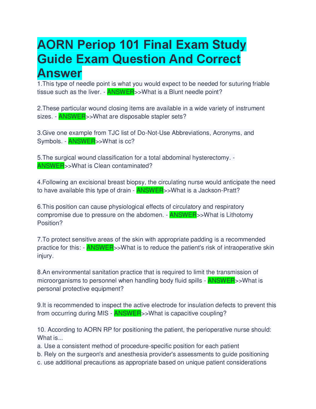AORN Periop 101 Final Exam Study Guide Exam Question And Correct ...