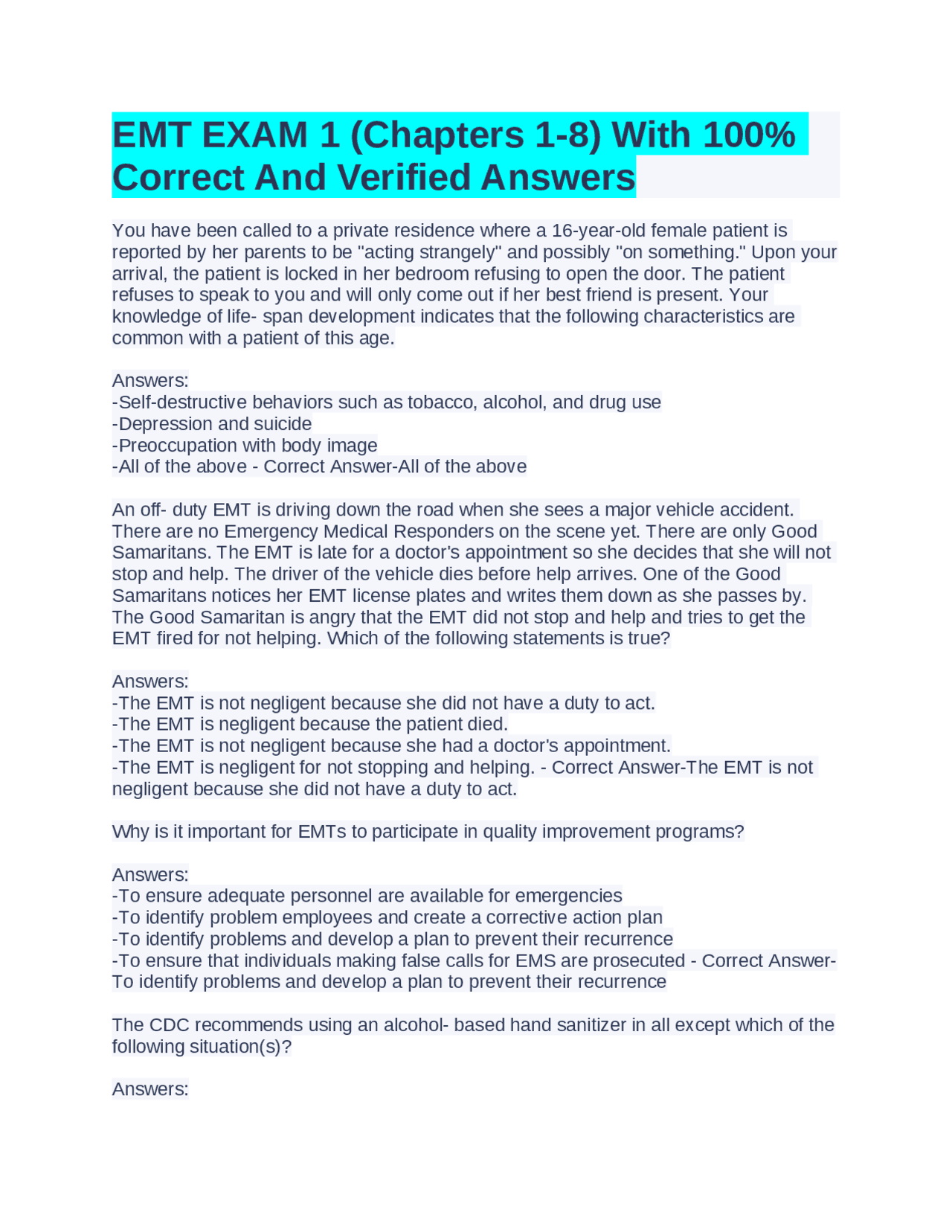 EMT EXAM 1 (Chapters 1-8) With 100% Correct And Verified Answers ...