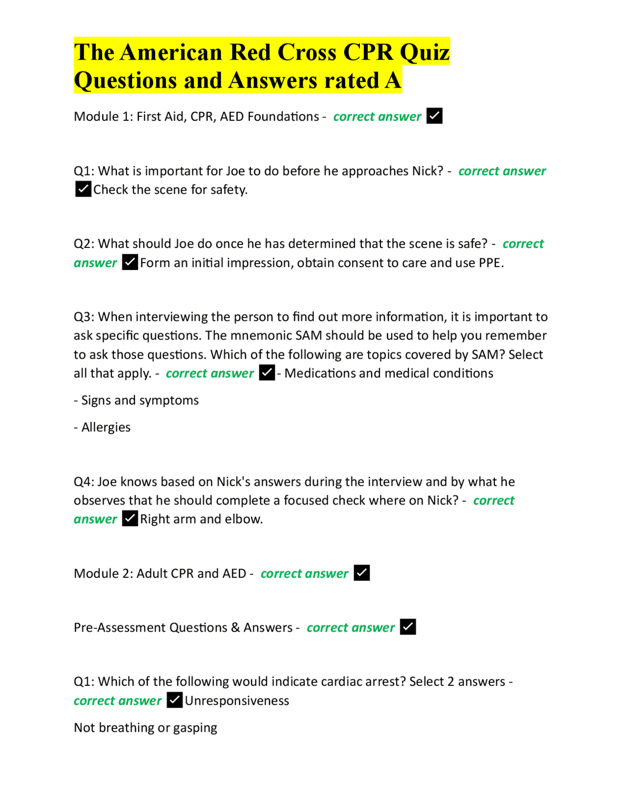 The American Red Cross CPR Quiz Answers rated A. | Exams Nursing | Docsity