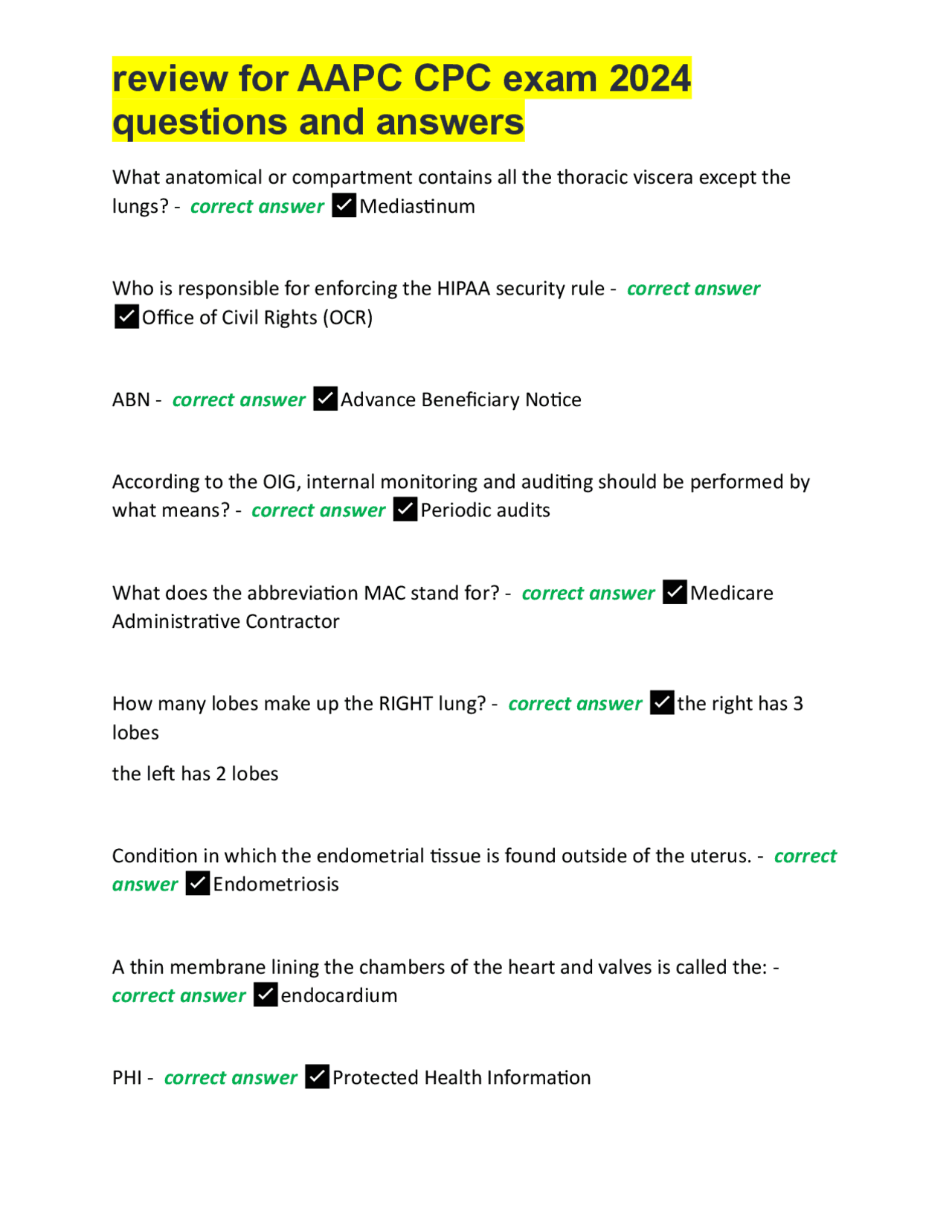 review for AAPC CPC exam 2024 questions and answers. | Exams Nursing | Docsity