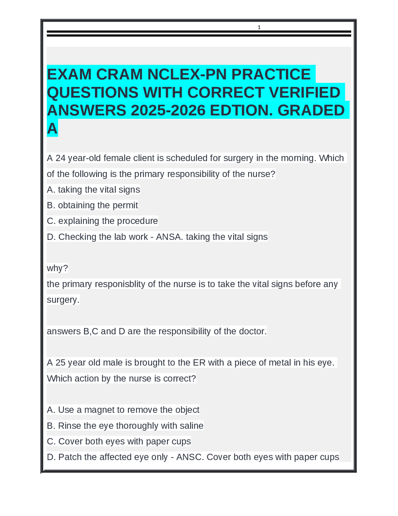 EXAM CRAM NCLEX-PN PRACTICE QUESTIONS WITH CORRECT VERIFIED ANSWERS ...