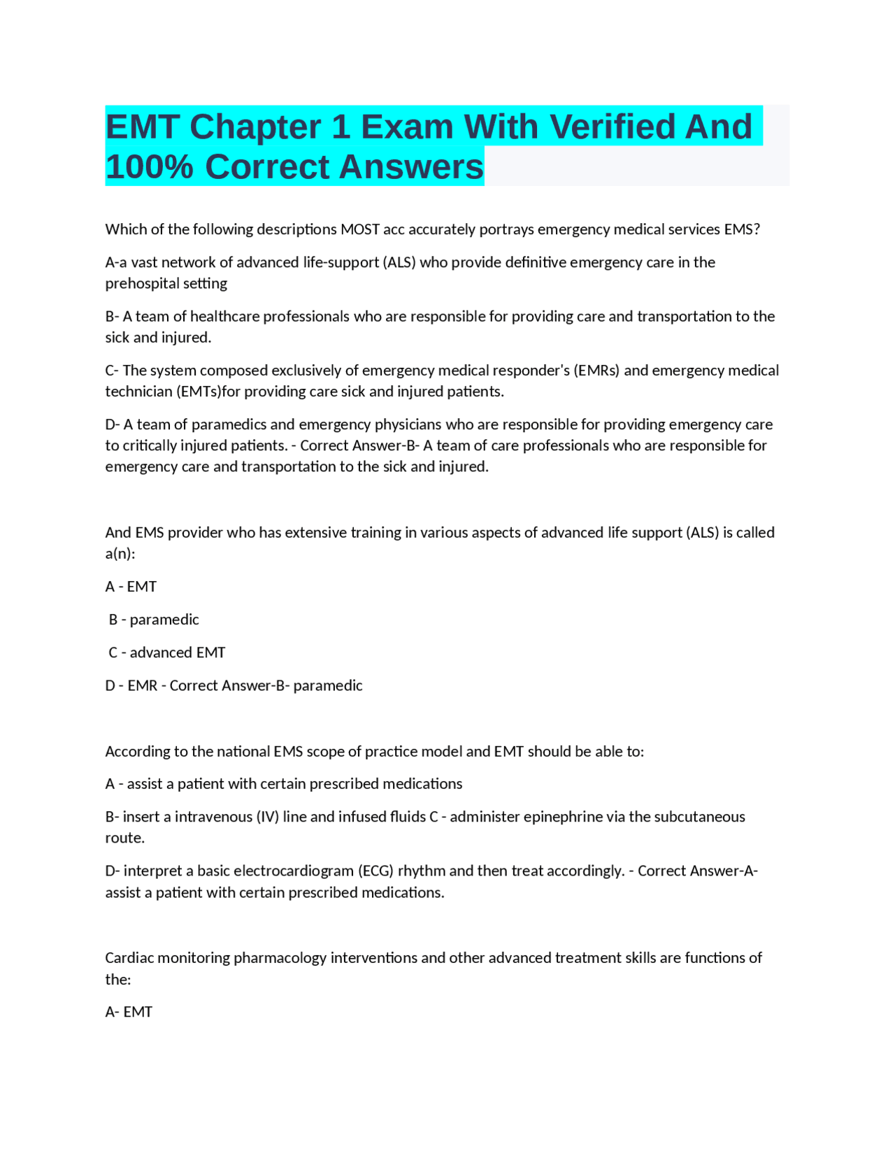 EMT Chapter 1 Exam With Verified And 100% Correct Answers | Exams ...
