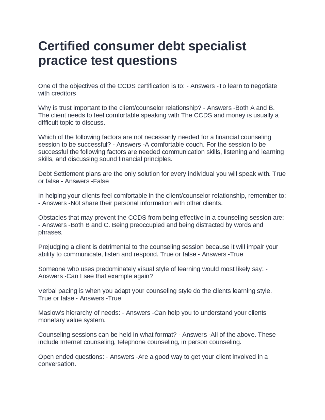 Certified Consumer Debt Specialist (CCDS) Practice Test Questions ...