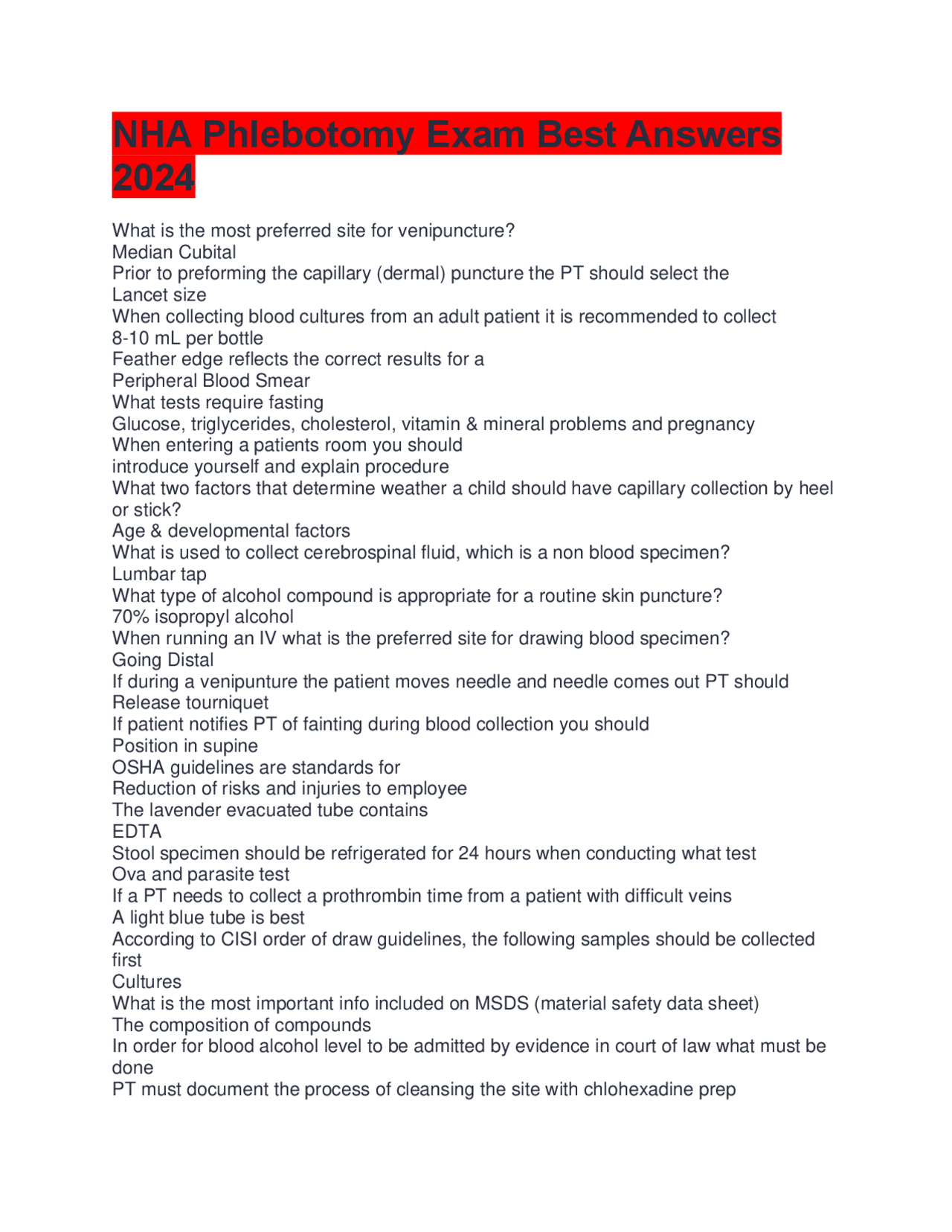 NHA Phlebotomy Exam Best Answers 2024: Guide to Procedures & Practices ...
