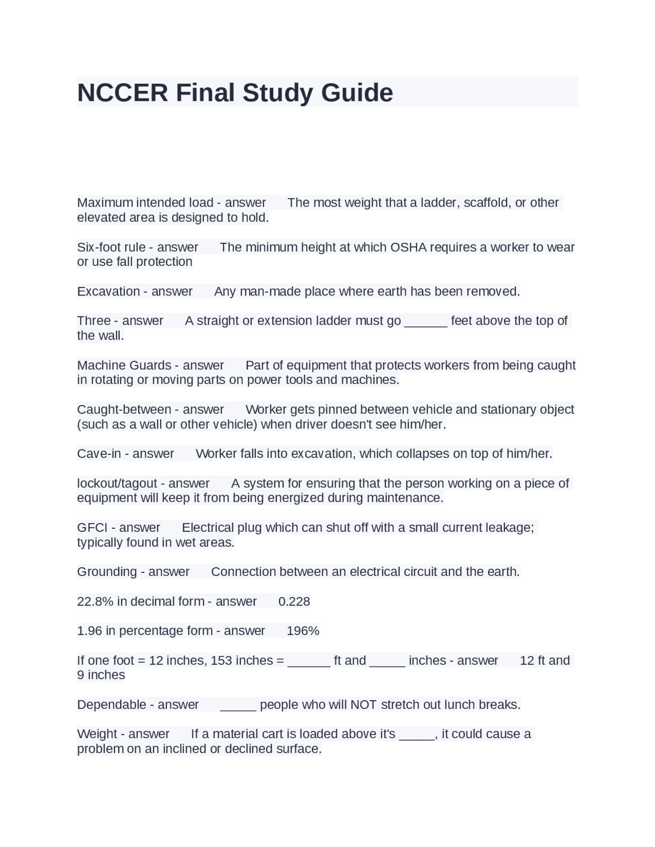 NCCER Final Study Guide Questions with Correct Answers | Exams Advanced ...